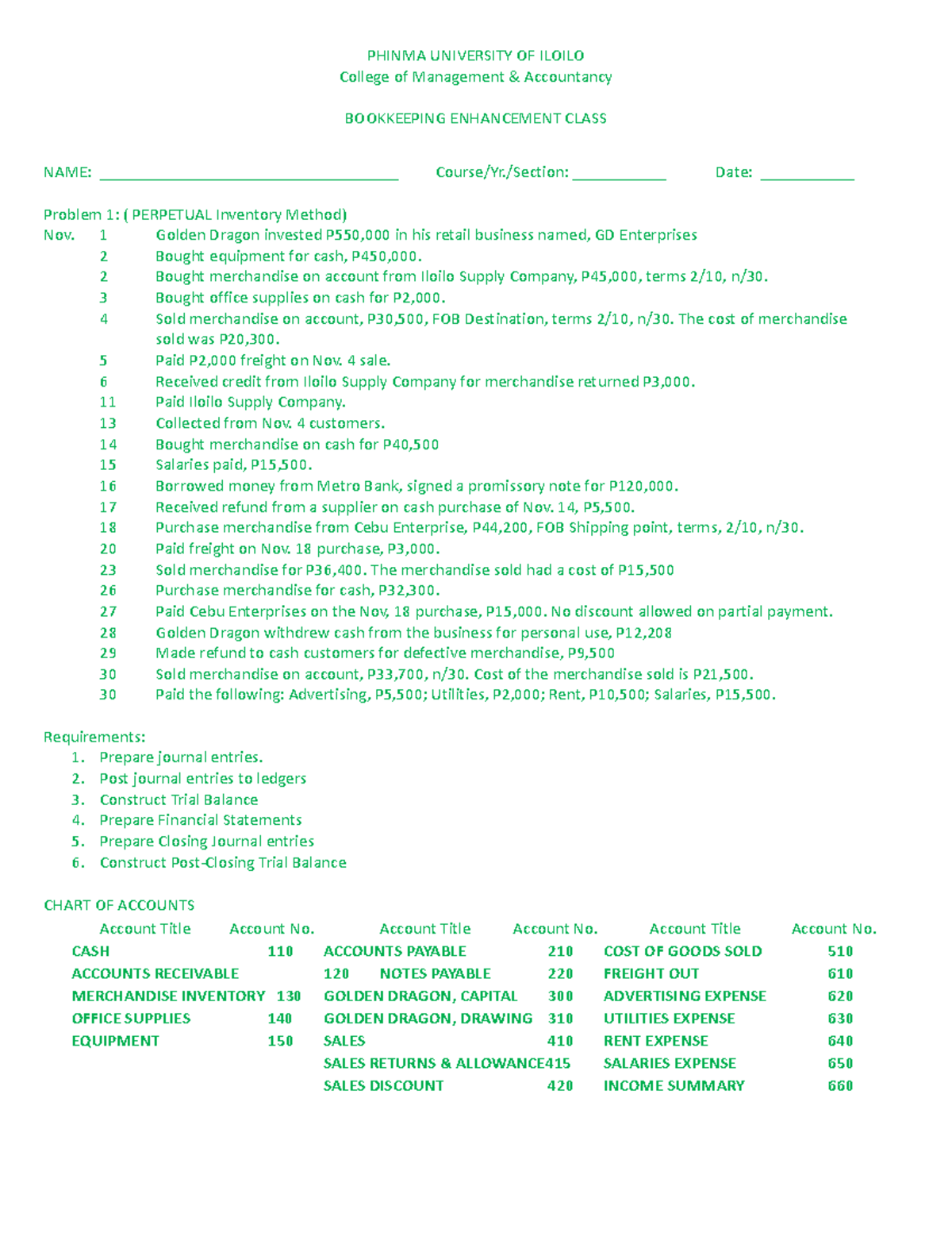 NC 3 Bookkeeping Perpetual Inventory Problem Set and Solutions - Studocu