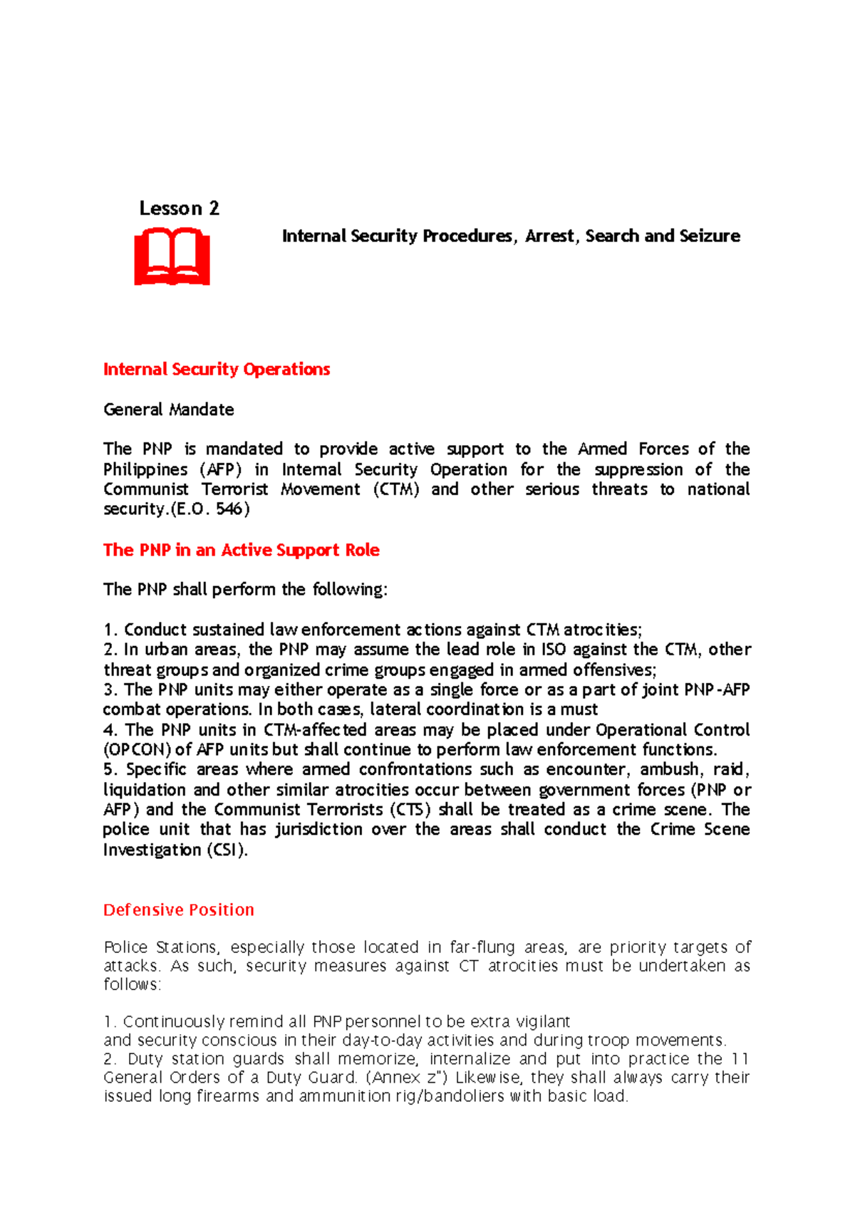 Arrest, Search and Seizure - Lesson 2 Internal Security Operations General Mandate The PNP is ...