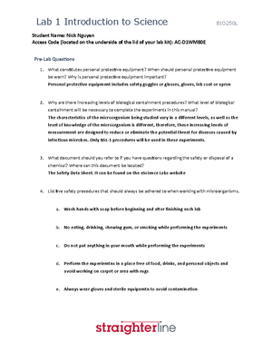 BIO250L+V2+Lab+1 Complete DOC - 1 Introduction to Science Student Name: Access Code (located on ...