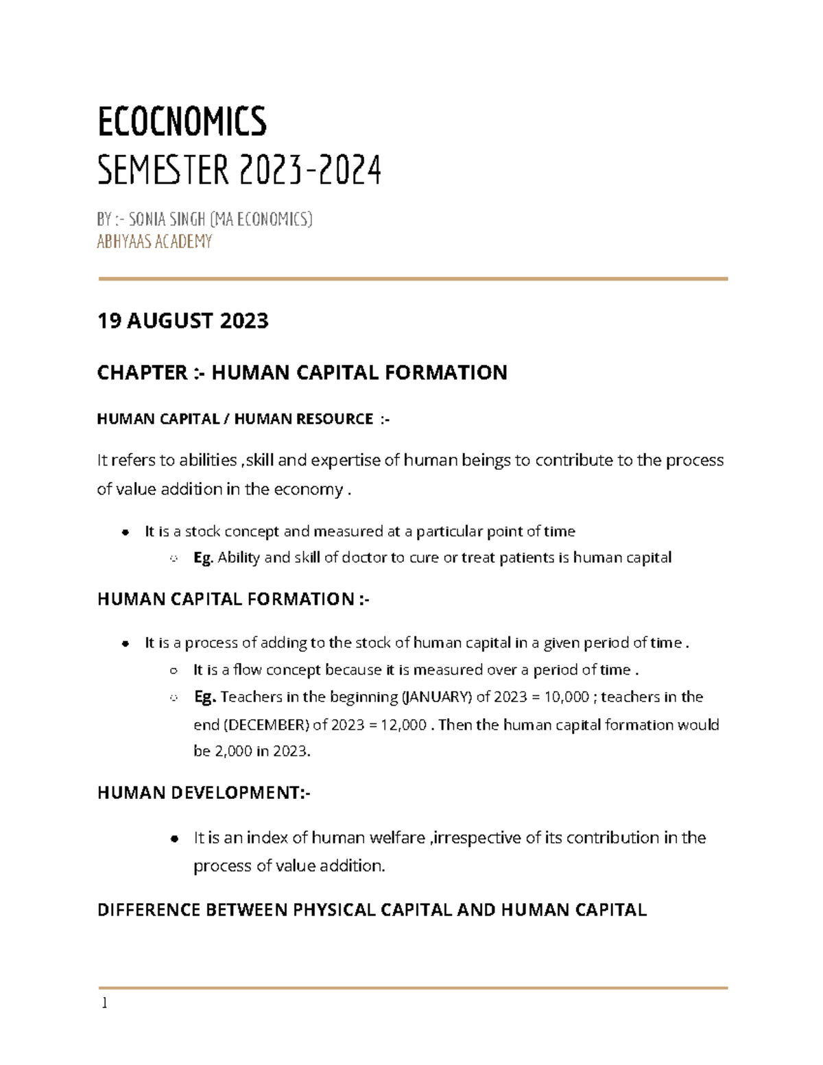 ECO 101: Human Capital Formation - Key Concepts and Issues - Studocu