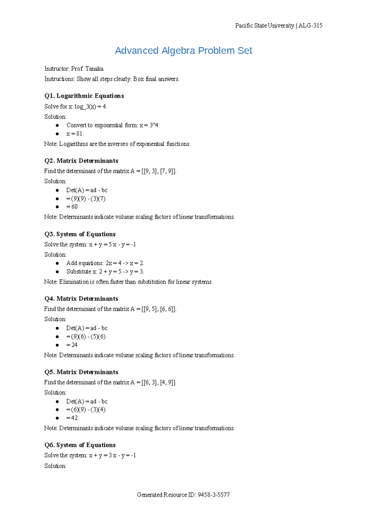 ALG-315 Advanced Algebra Problem Set Solutions - Studocu