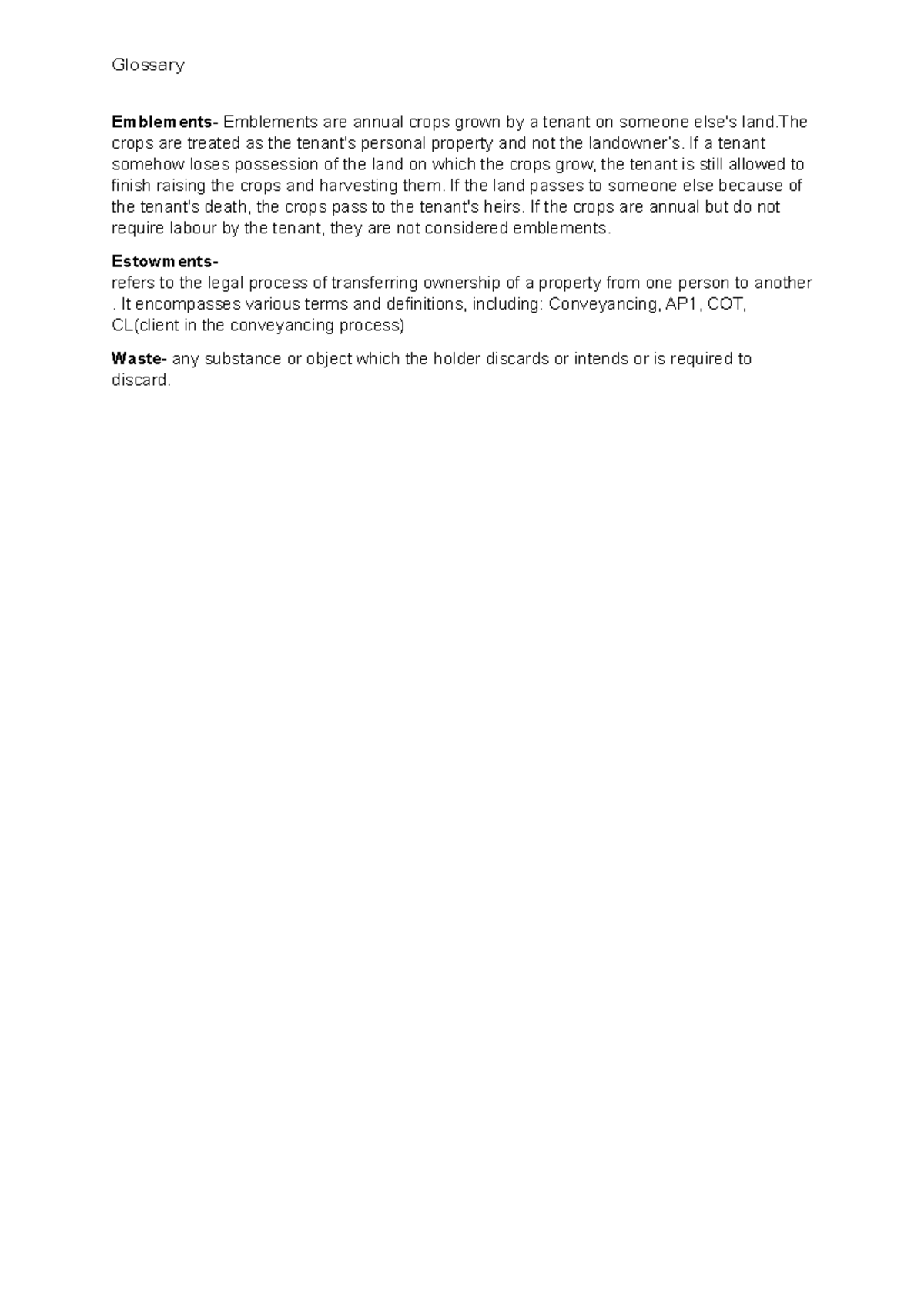 Legal Glossary: Emblements and Estowments Explained - Studocu