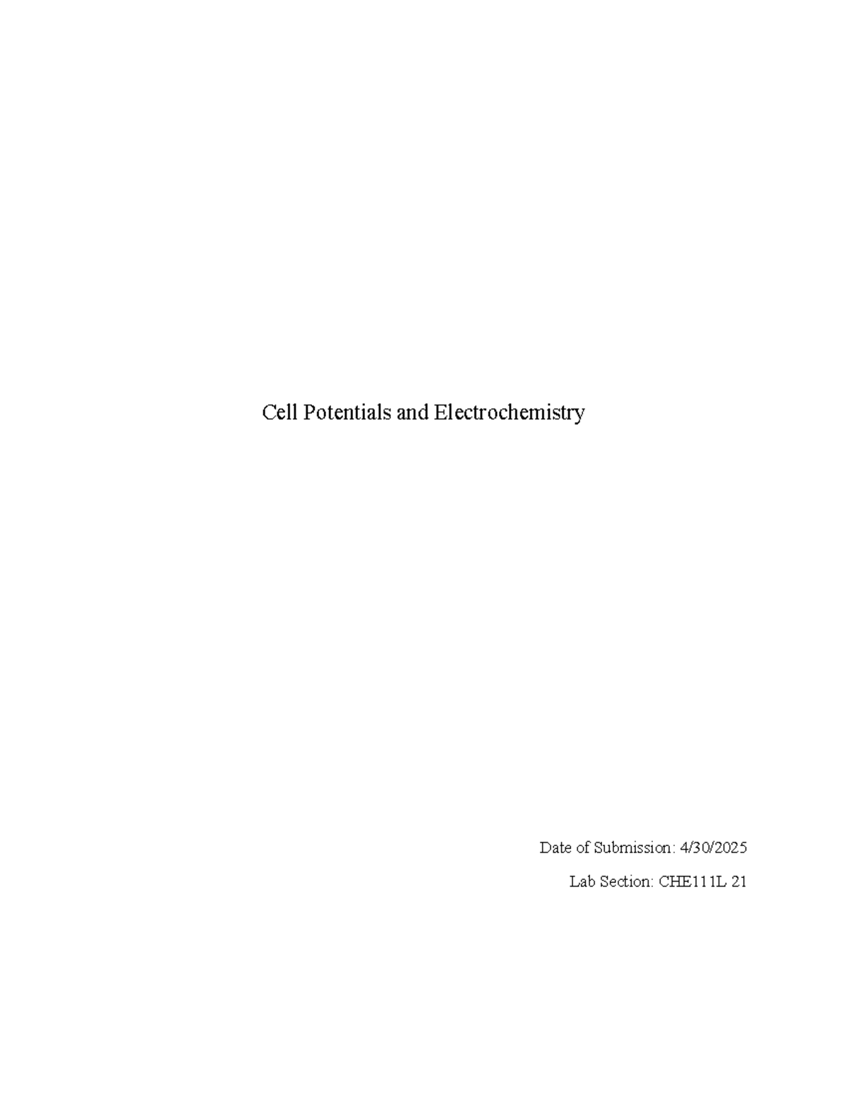 Chem 111 Lab Report 12: Cell Potentials & Redox Titration - Studocu