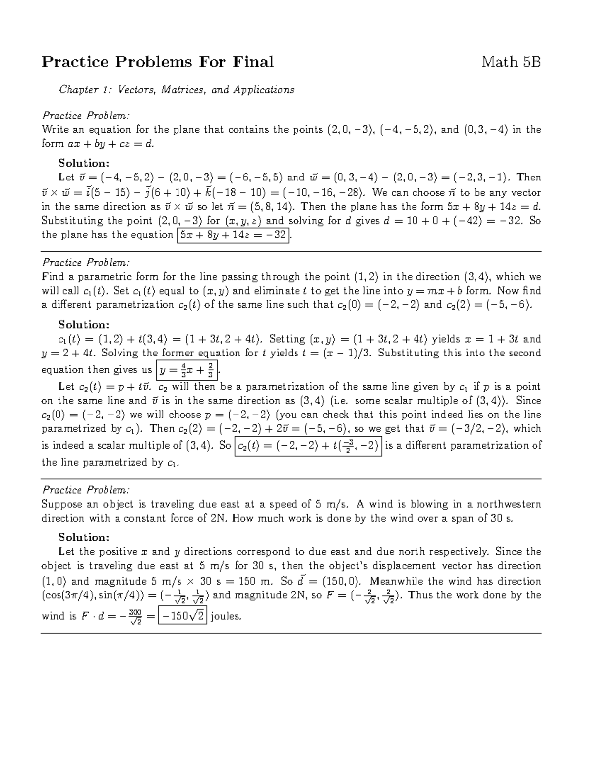 Practice Problems for Final Exam Math 5B: Vectors, Matrices, and Applications - Studocu