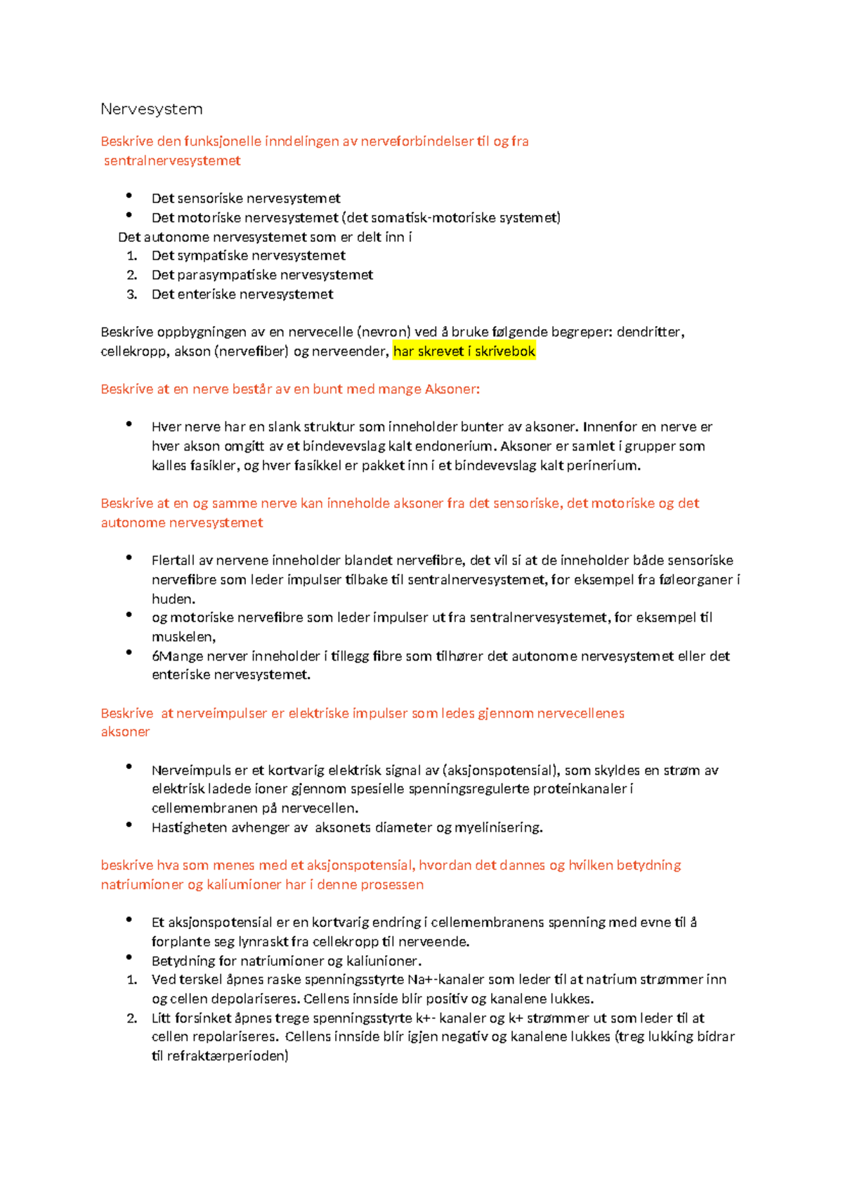 Nervesystemet: Funksjonell Inndeling og Nerveimpulser - KS101 - Studocu