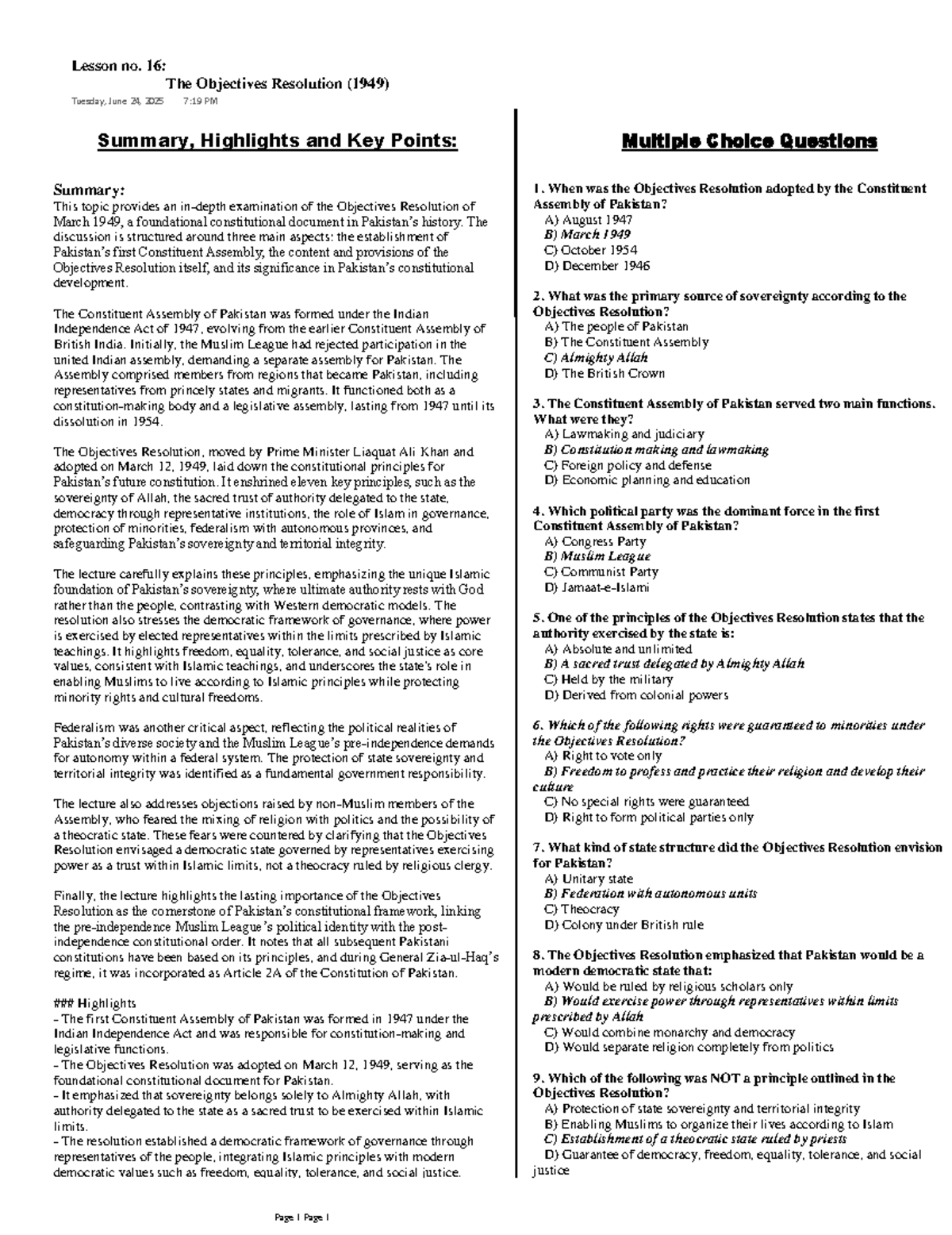 Lesson 16: The Objectives Resolution (1949) - Key Points & MCQs (PAK301 ...