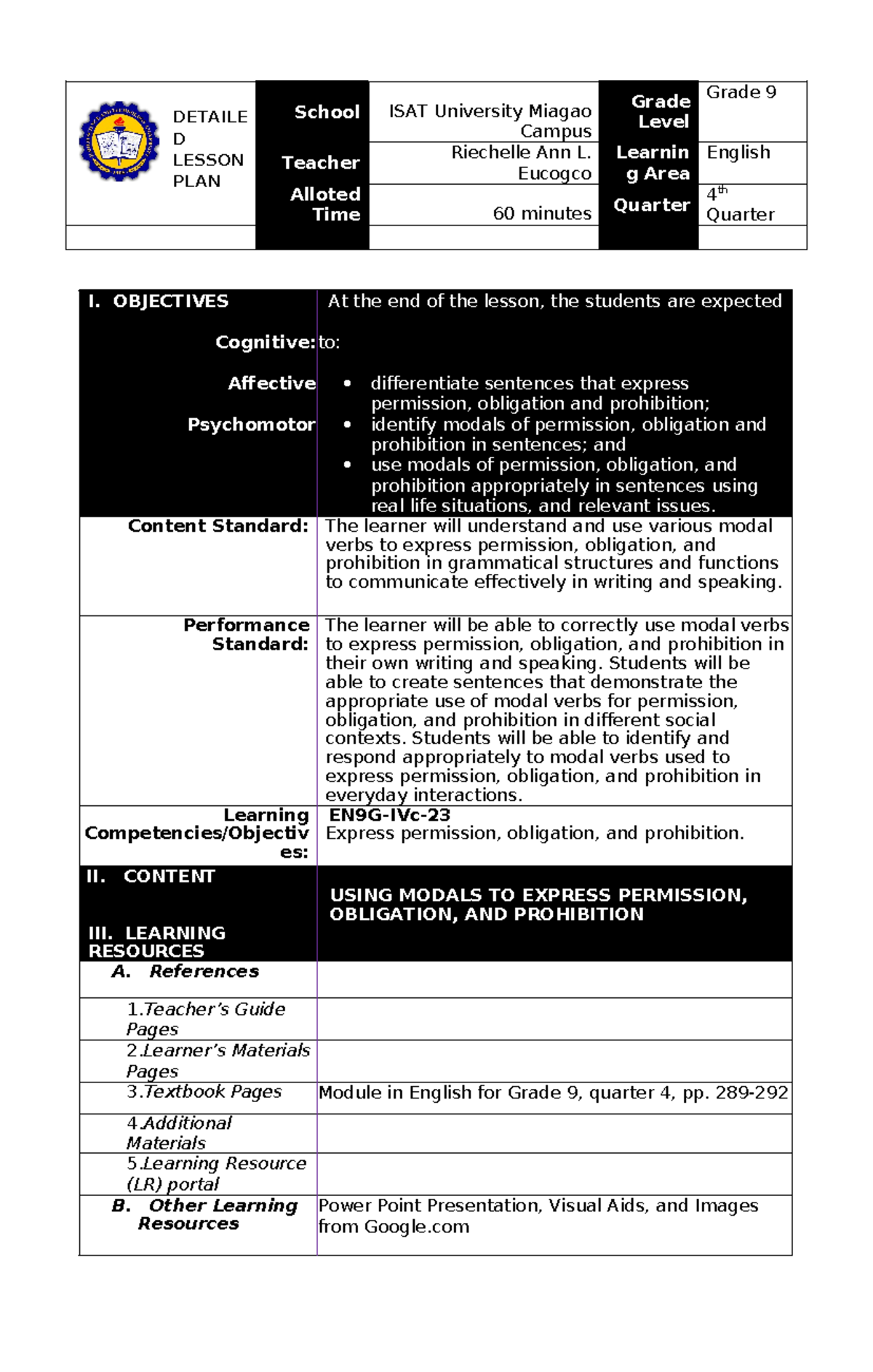 Grade 9 English (EN9G-IVc) Lesson Plan on Modals of Permission ...