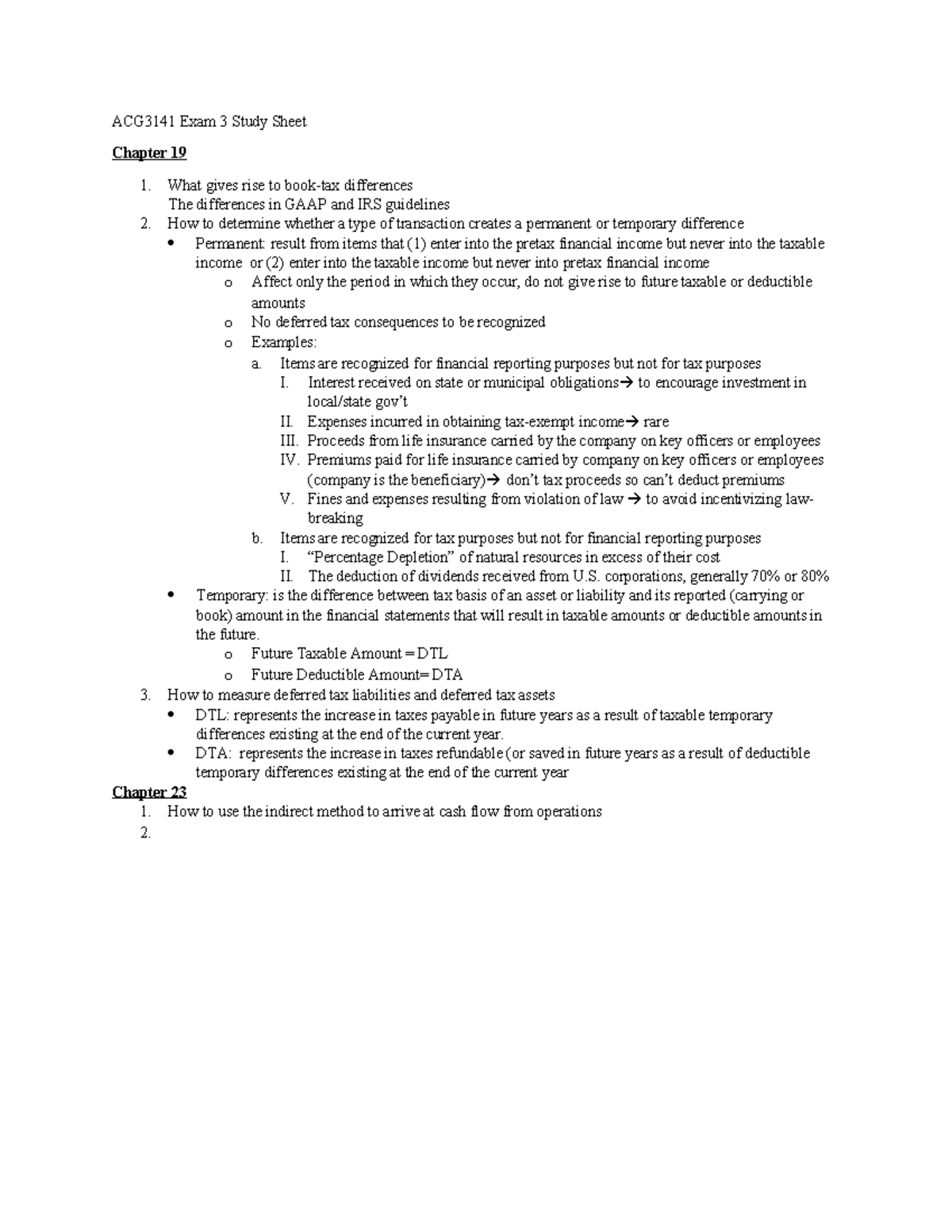 ACG3141 Exam 3 Study Sheet: GAAP vs IRS Differences & Cash Flow Methods ...