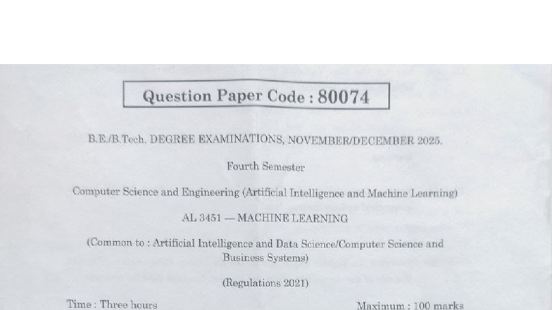 AL 3451 Machine Learning Nov-Dec 2025 Question Paper - Studocu