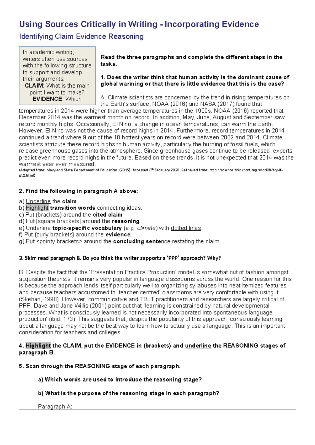 Identifying Claim Evidence Reasoning Student - Using Sources Critically ...