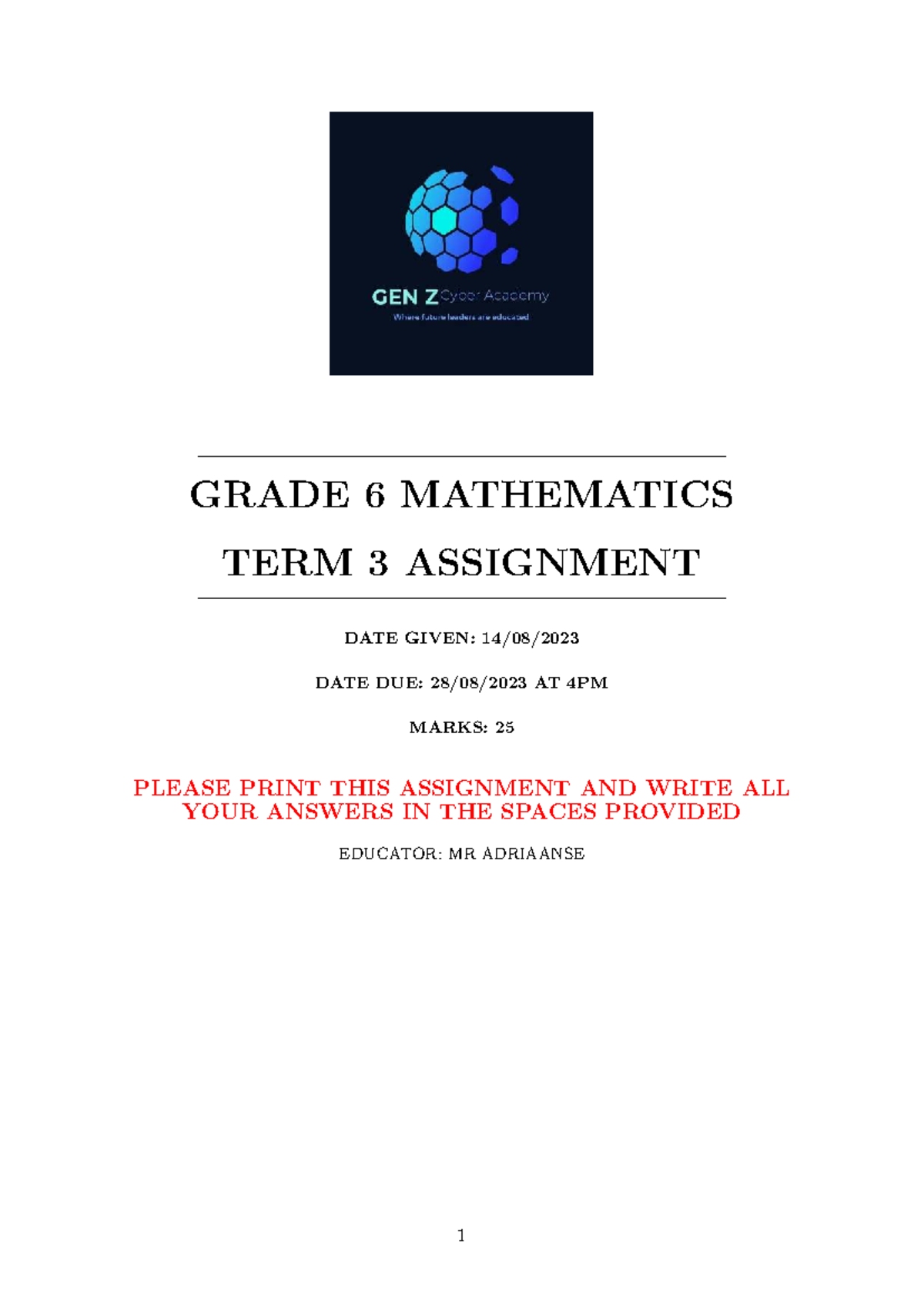 Grade 6 MATH Term 3 Assignment Instructions & Questions - Studocu