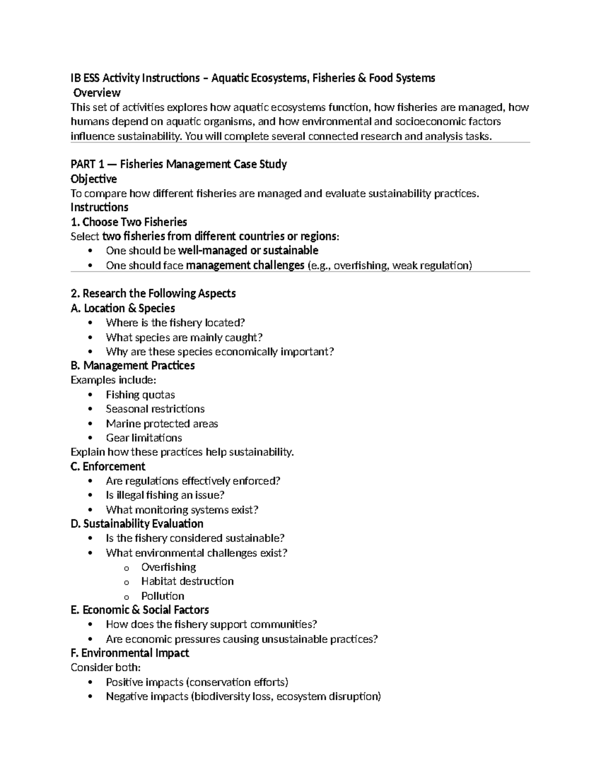 IB ESS11 Activity Instructions: Aquatic Ecosystems & Fisheries Analysis ...