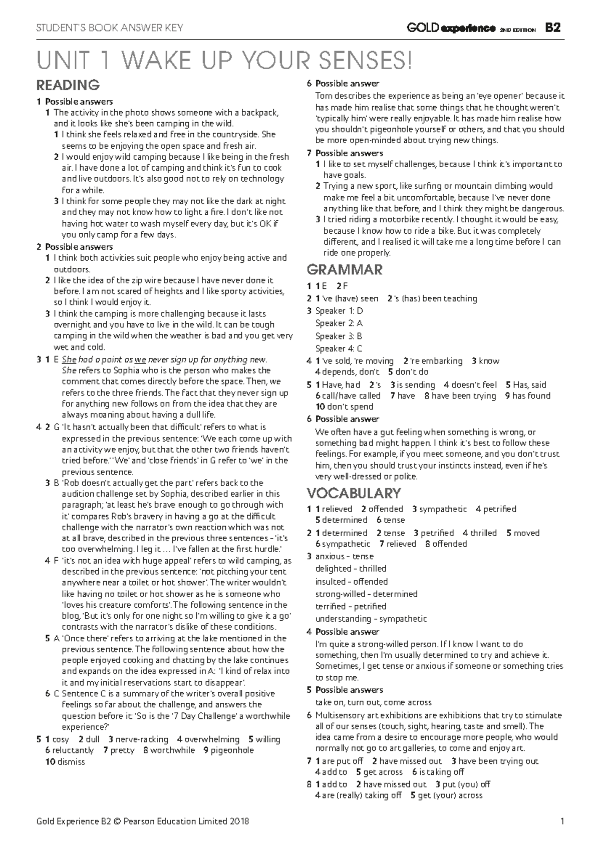 Gold Experience B2 Student's Book Answer Key - BOOK ANSWER KEY 2ND ...