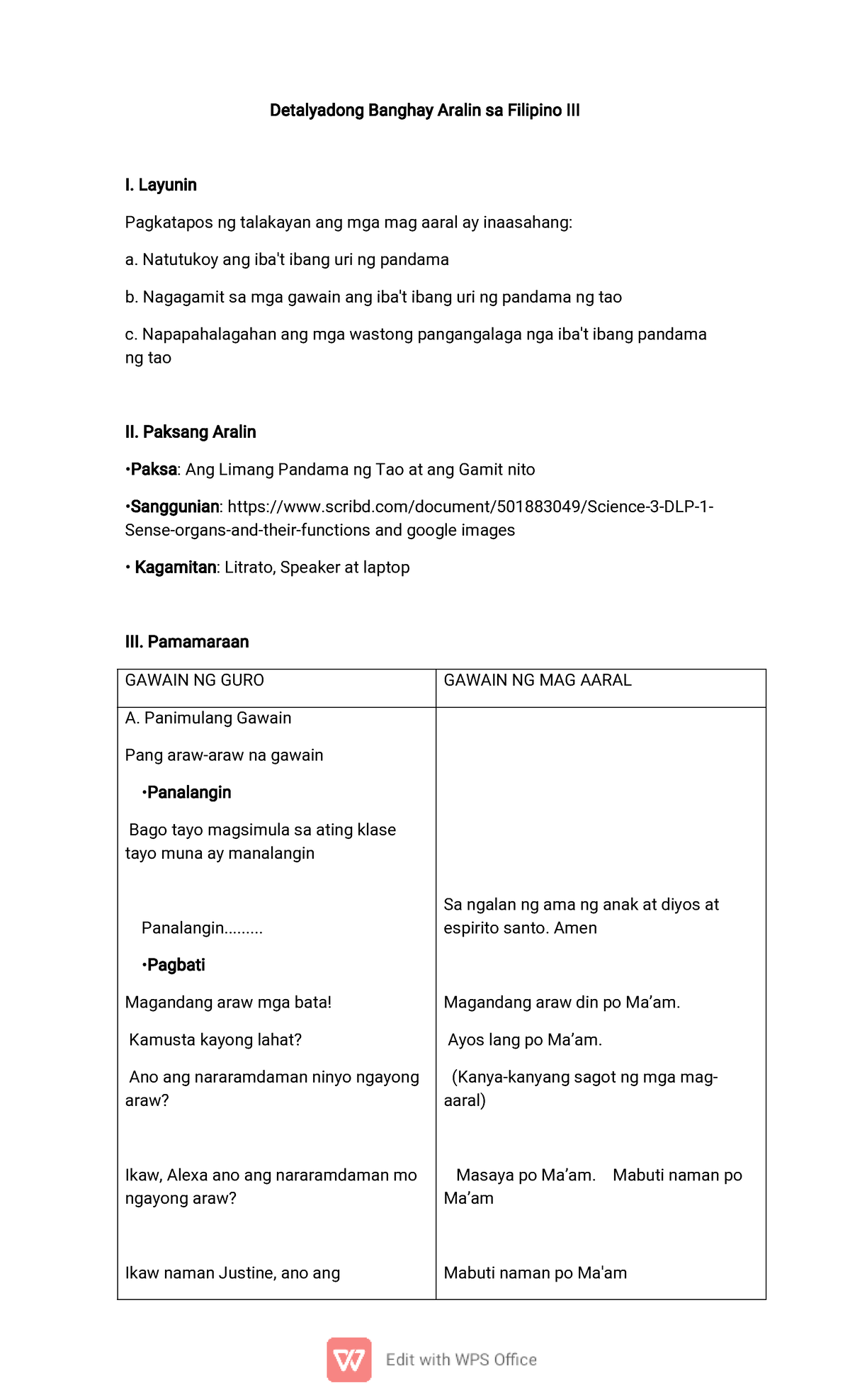 Banghay Aralin sa Filipino III: Limang Pandama at Kanilang Gamit - Studocu