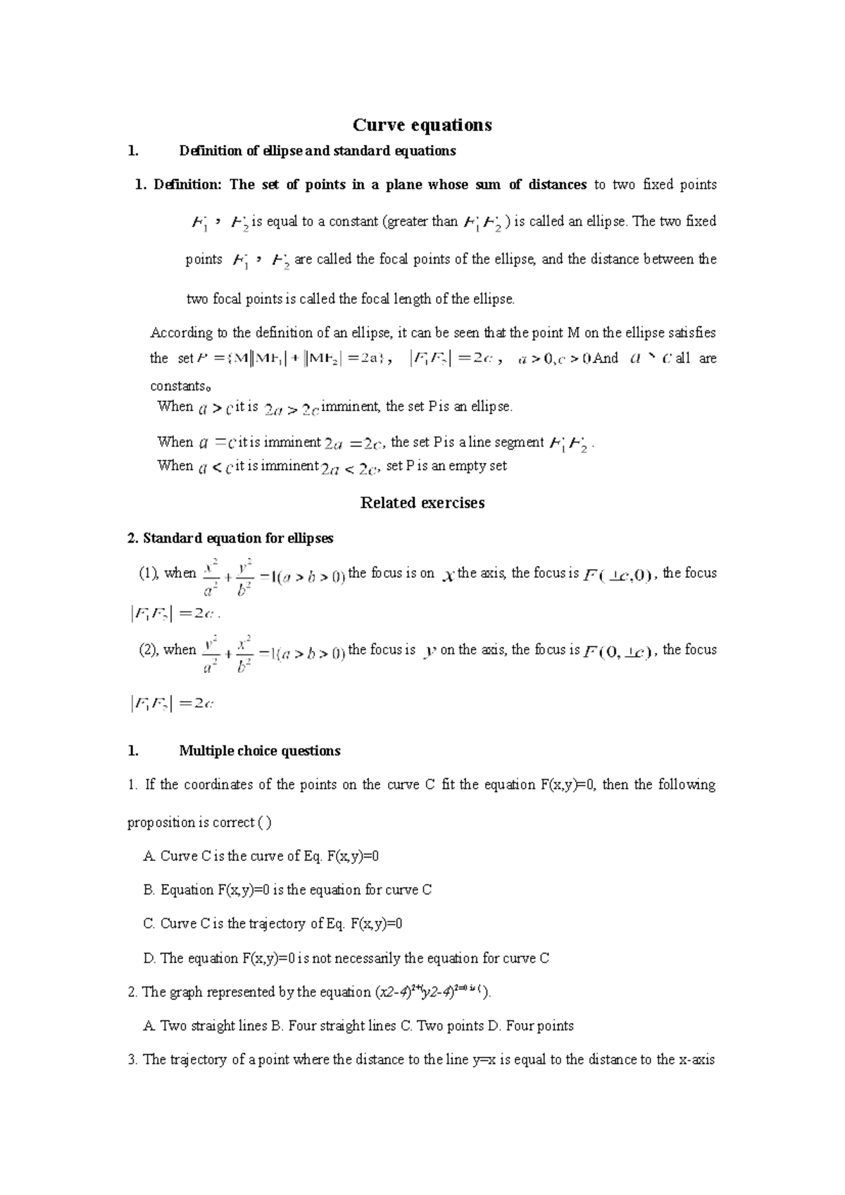 Curve Equations: Ellipse Definitions & Standard Forms - Studocu