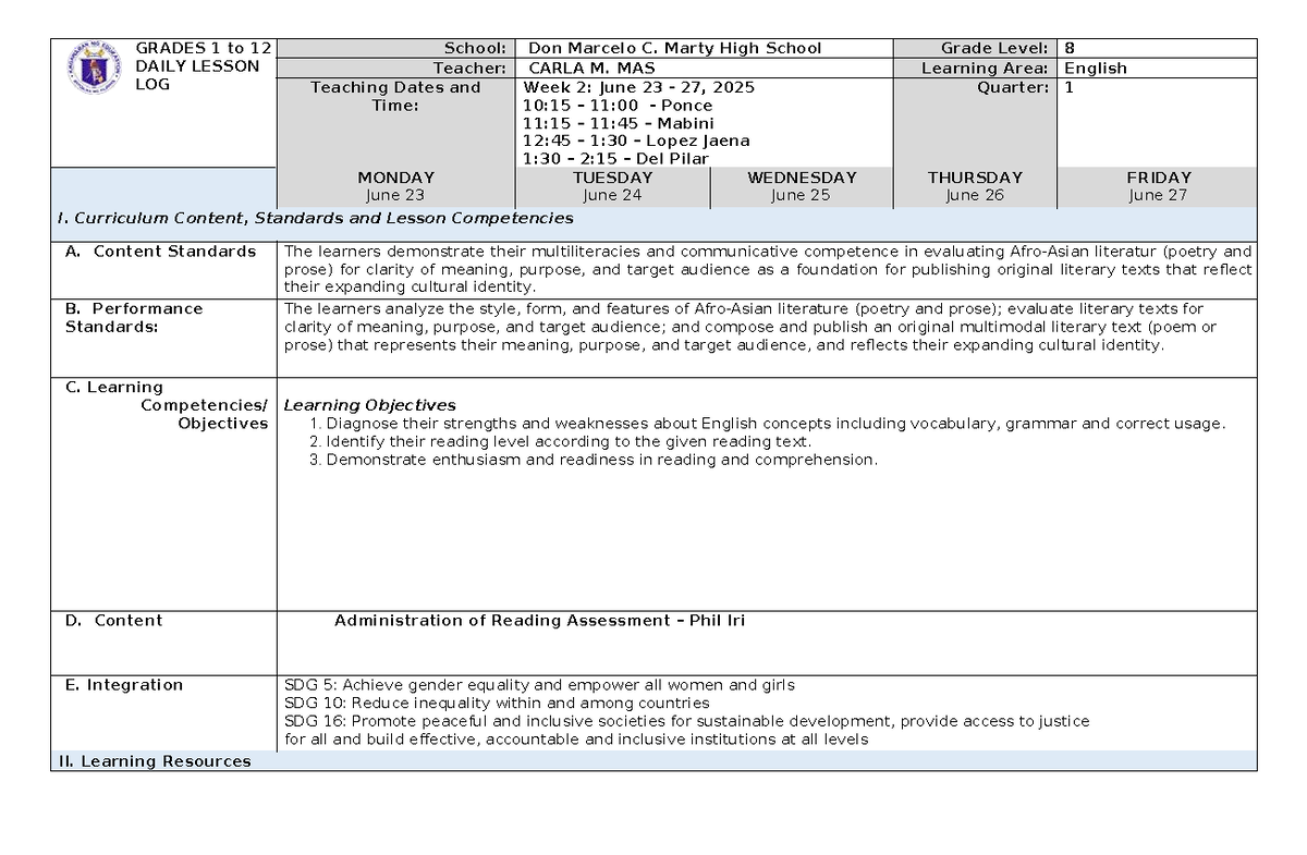 ENG8-Q1-WEEK-2: Daily Lesson Log for June 23-27, 2025 - Studocu