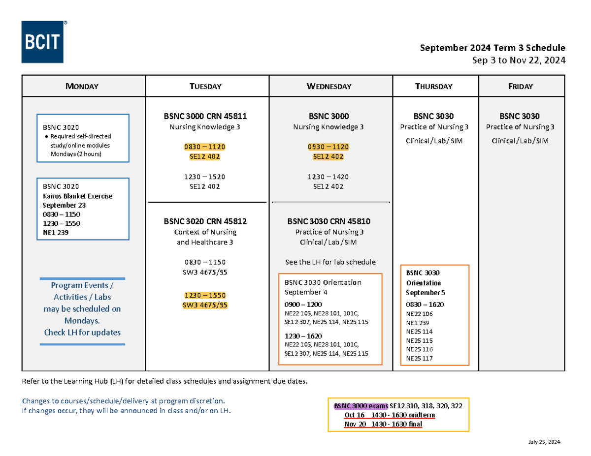 BSNC 3000/3020/3030 Term 3 Class Schedule (Sep-Nov 2024) - Studocu
