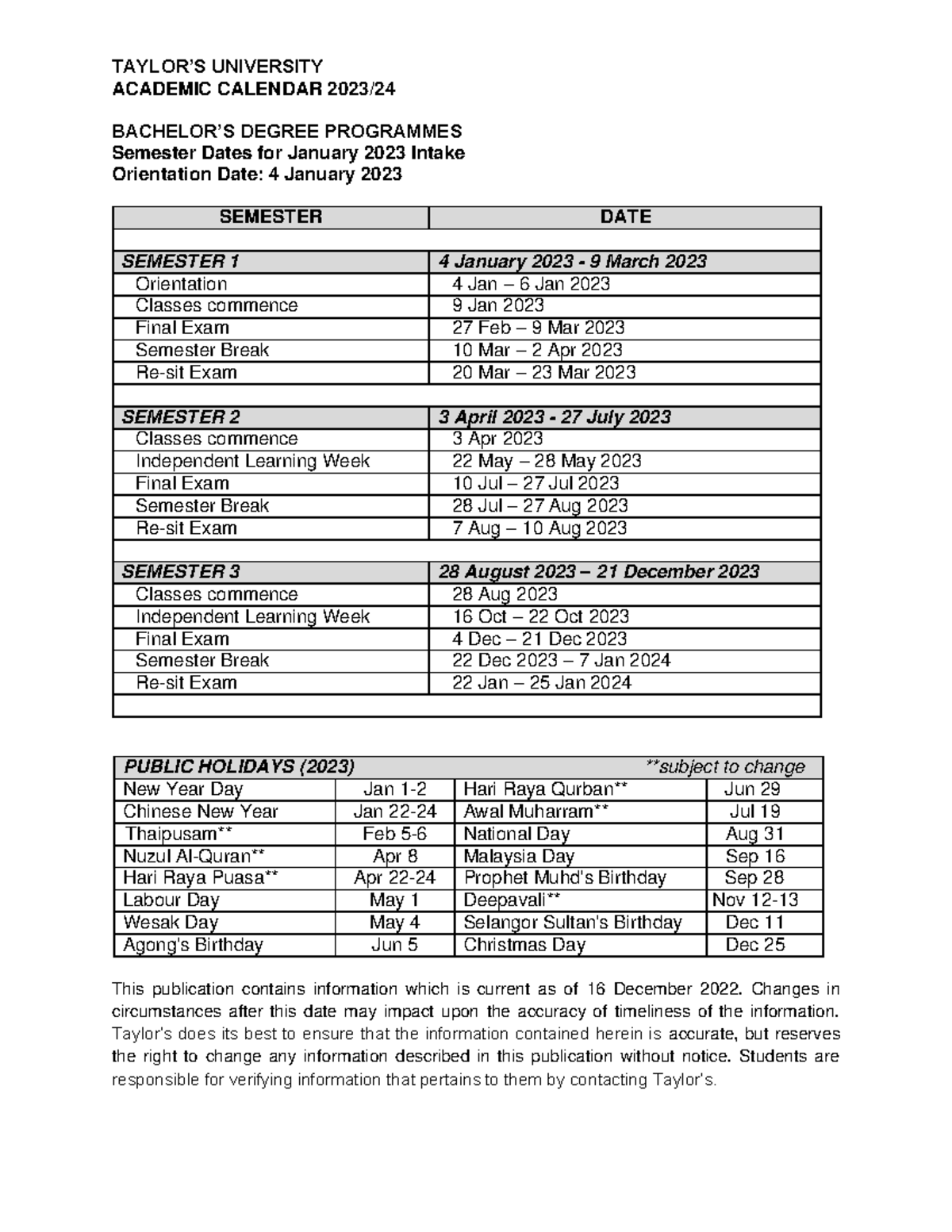 TU Bachelor's Degree Semester Dates for January 2023 Intake - Studocu