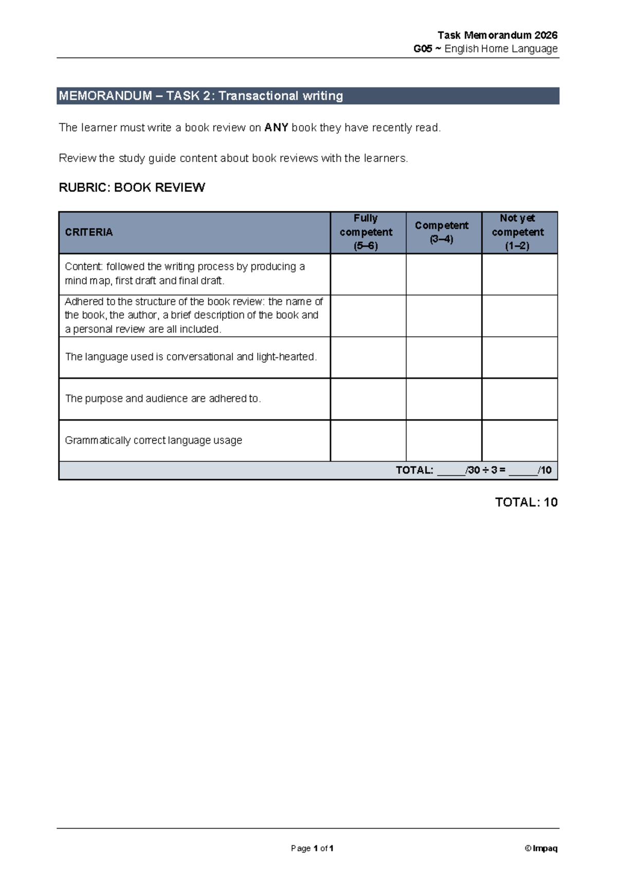 2605-E-EHL-Task 2: Book Review Writing Guide - Studocu