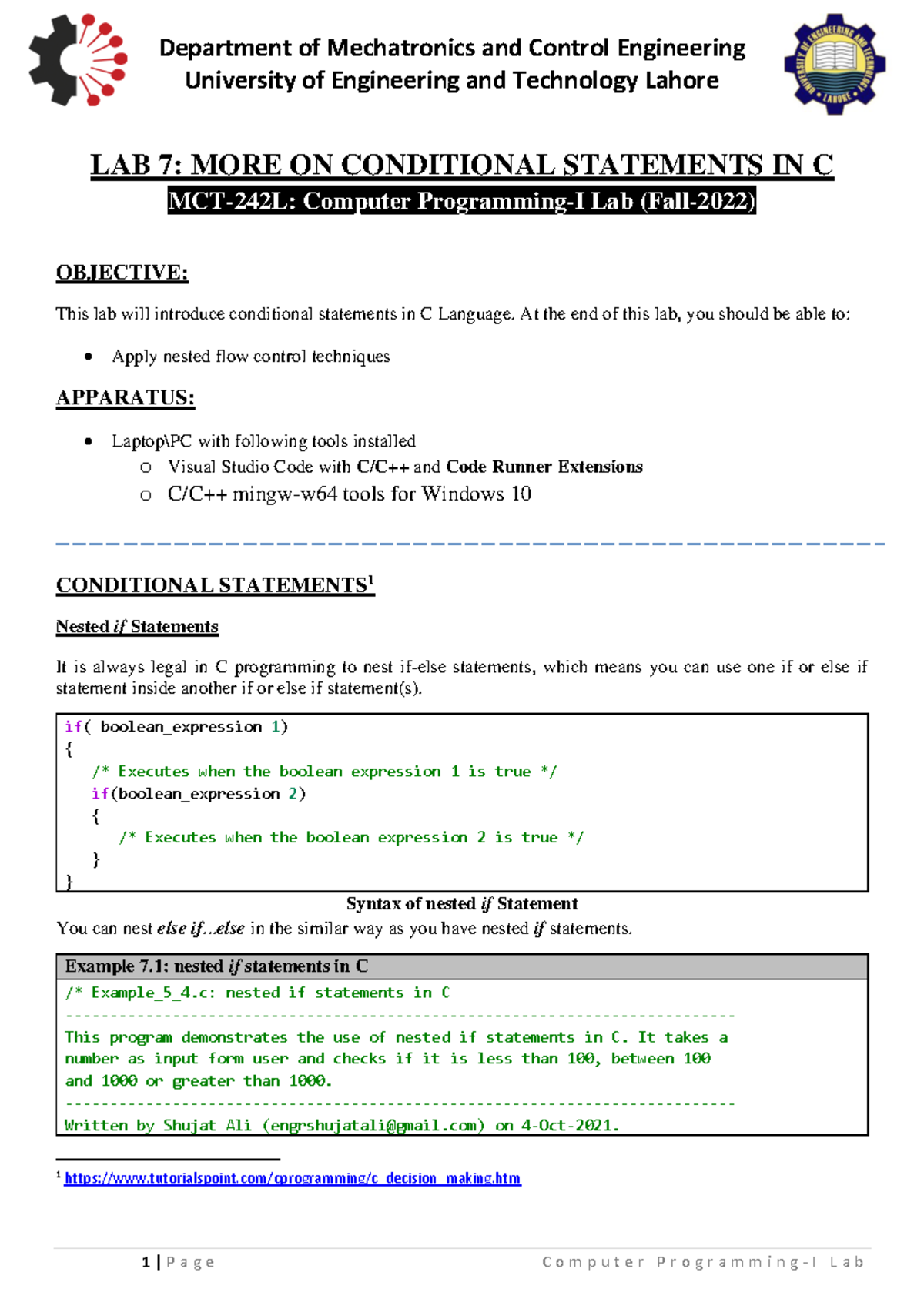 MCT-242L CP (Fall2022) - Lab 07: Conditional Statements in C - Studocu