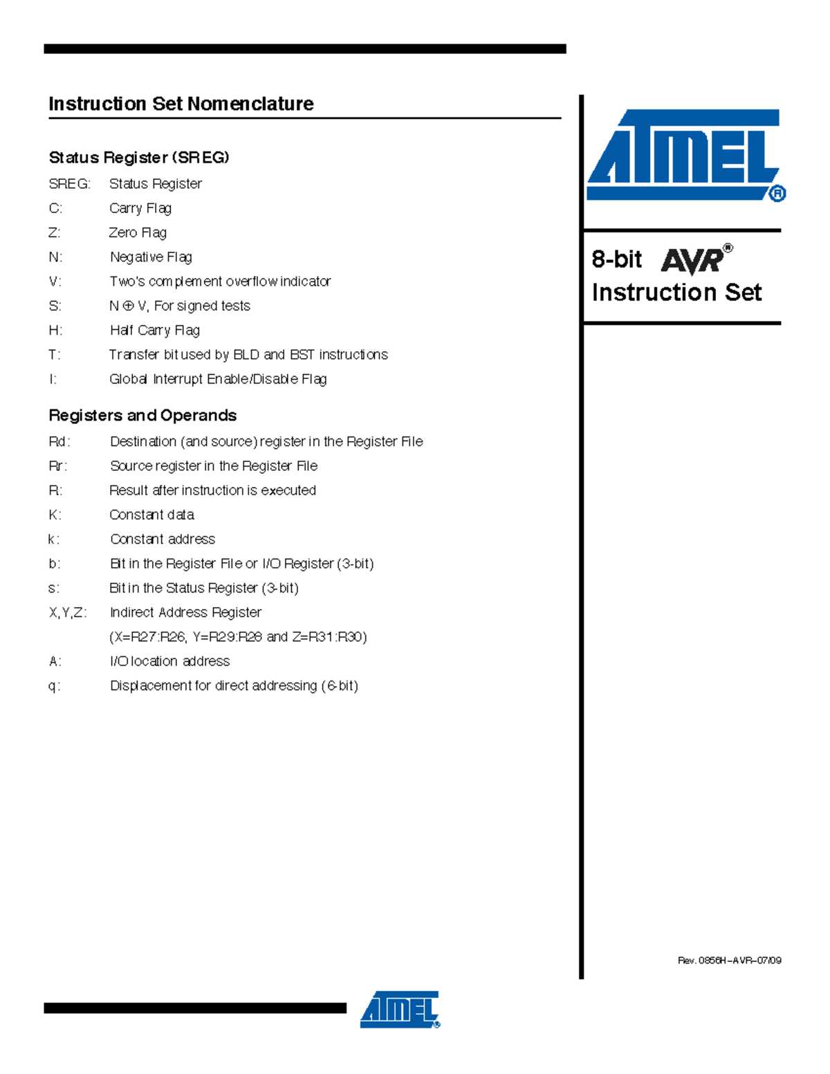 ATmega Instruction Set Overview and Status Register (SREG) Details ...