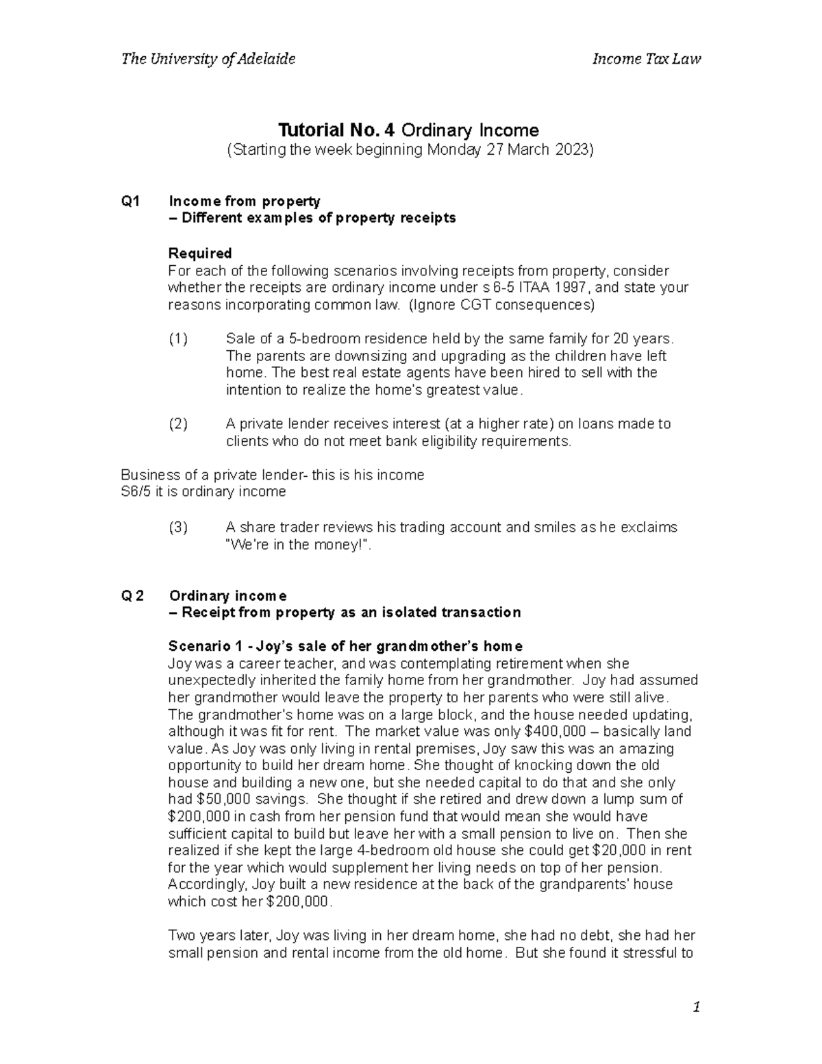 Tutorial No 4 Ordinary Income 2023, S1 - The University of Adelaide ...