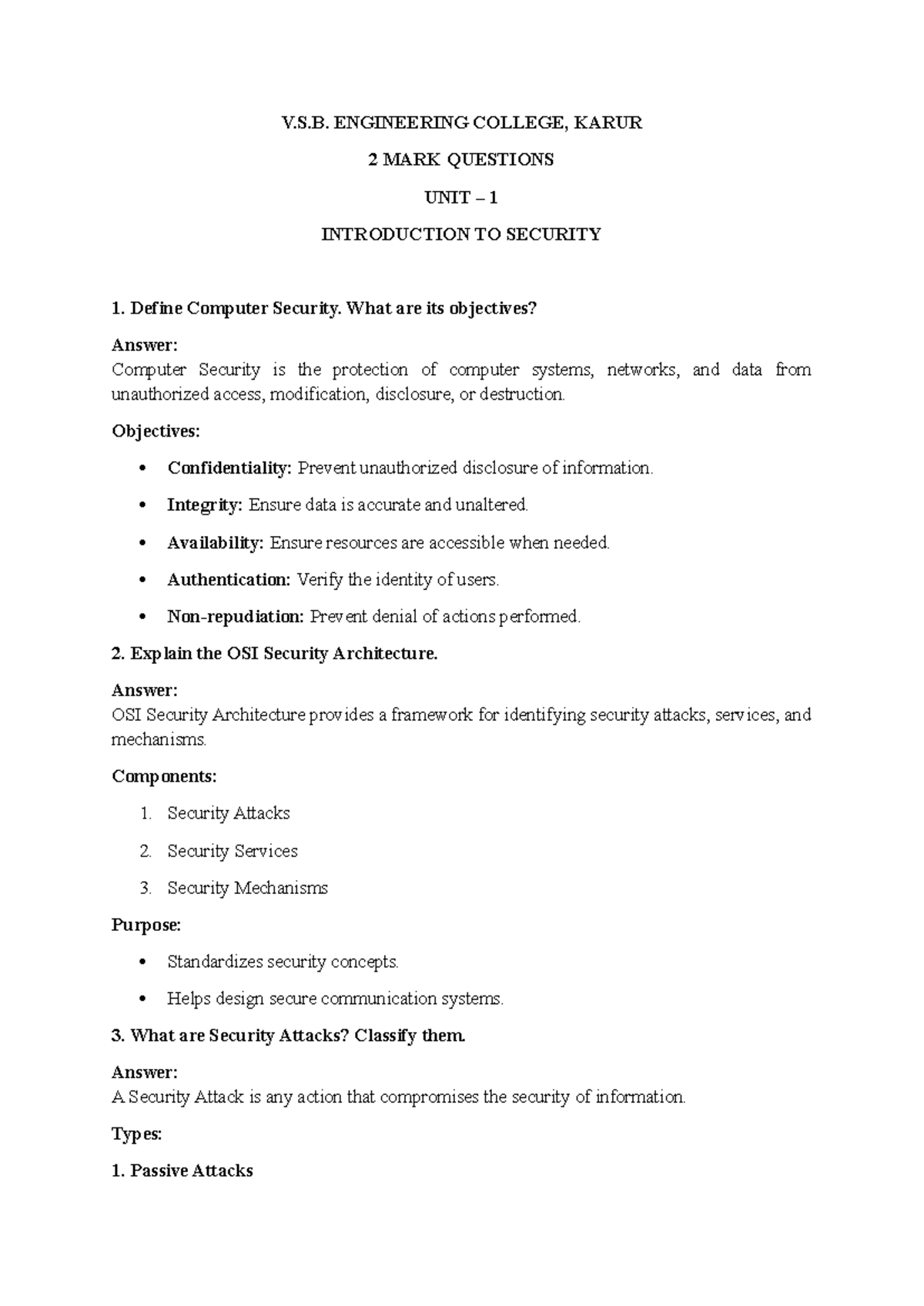 V.S.B. ENGINEERING COLLEGE, KARUR 2 MARK QUESTIONS UNIT 1 SECURITY ...