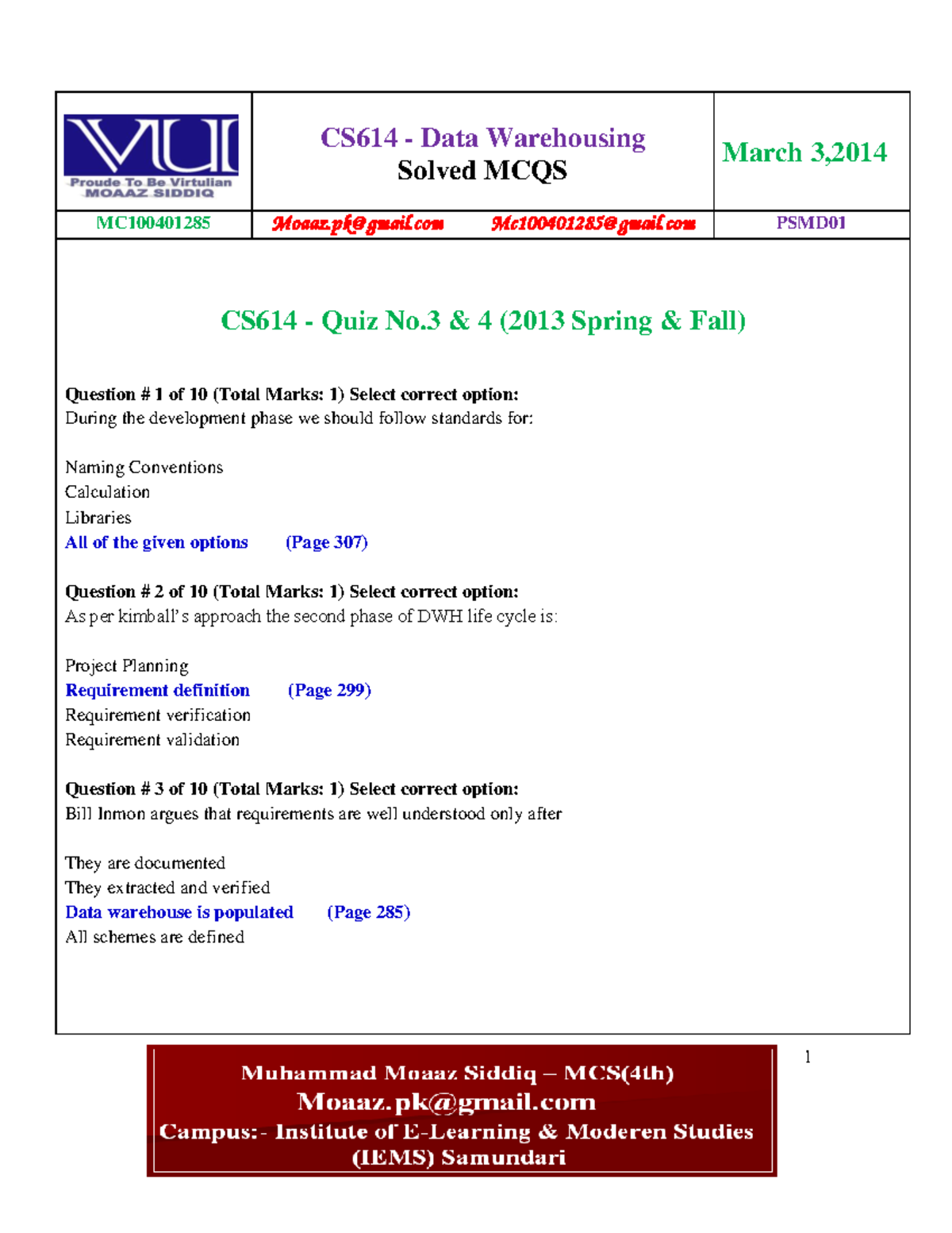 CS614 Quiz 3 & 4: Data Warehousing MCQs and Solutions - Studocu