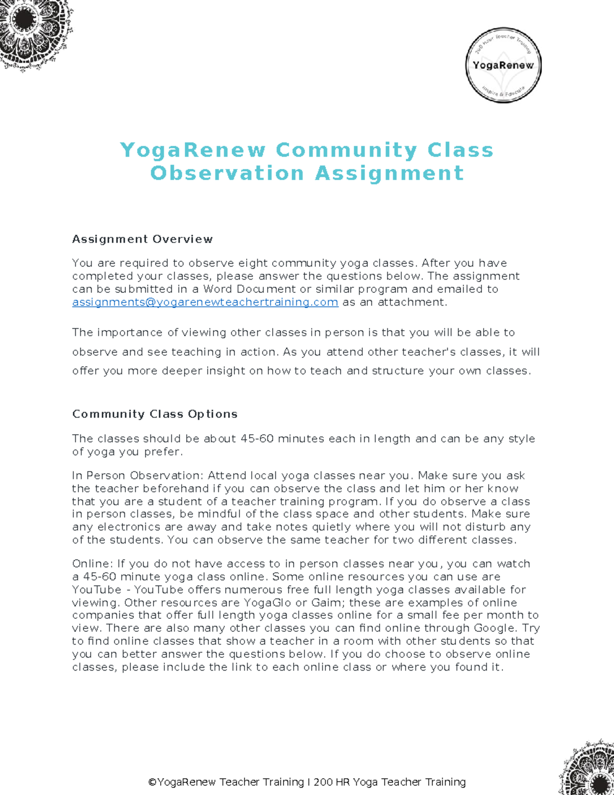 Community Class Observation Assignment (YogaRenew 200 HR) - Studocu