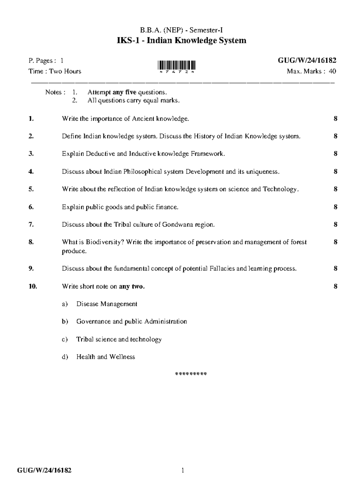 B.B.A. (NEP) 1st Sem Indian Knowledge System Exam Notes 2024 - Studocu