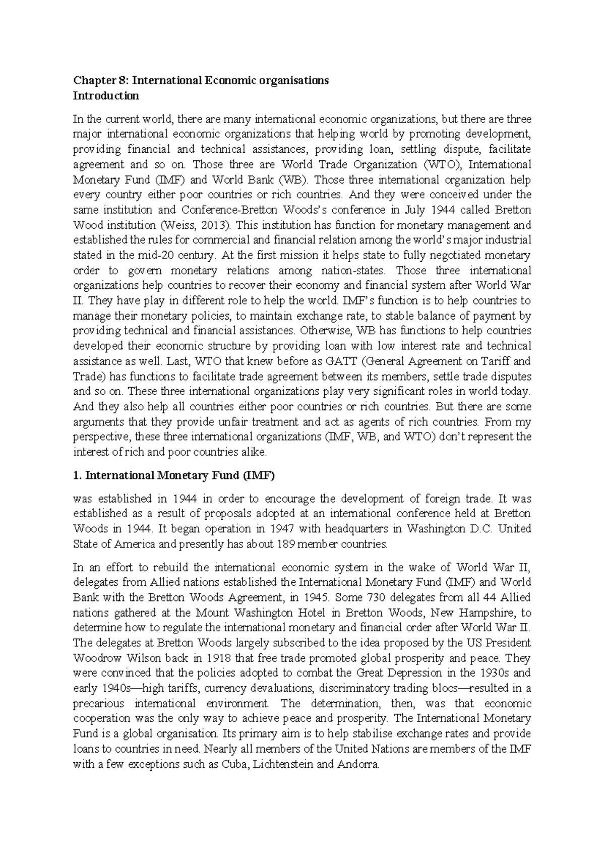 Chapter 8: Economic Organizations - IMF, WB, and WTO Overview - Studocu