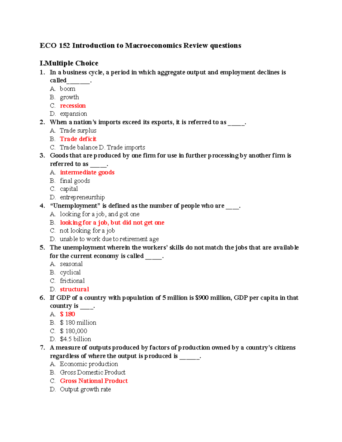 ECO 152 Macroeconomics Review Questions and Concepts - Studocu