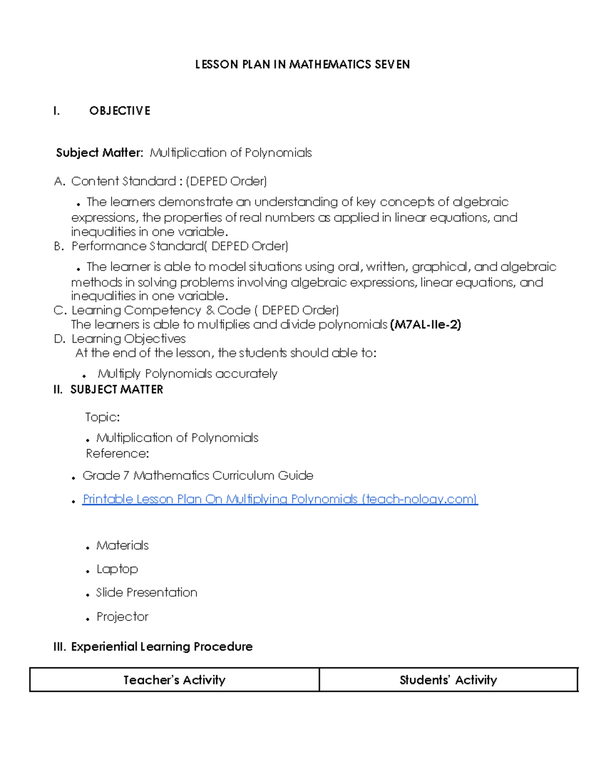 Lesson Plan on Multiplication of Polynomials (M7AL-IIe-2) - Studocu