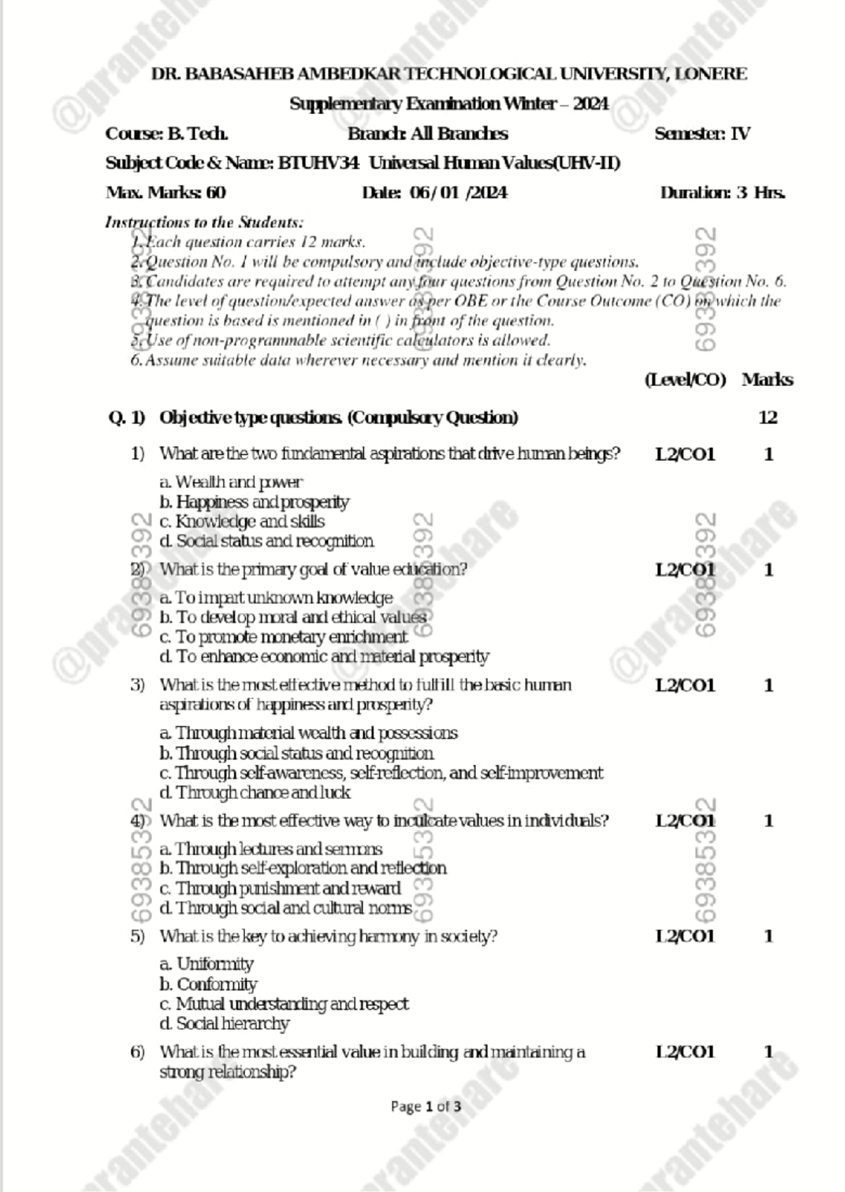 B. Tech. BIUHV34 Universal Human Values Supplementary Exam 2024 - Studocu