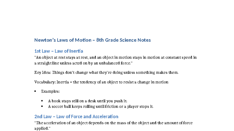 8th Grade Science Notes: Newton's Laws of Motion - Studocu