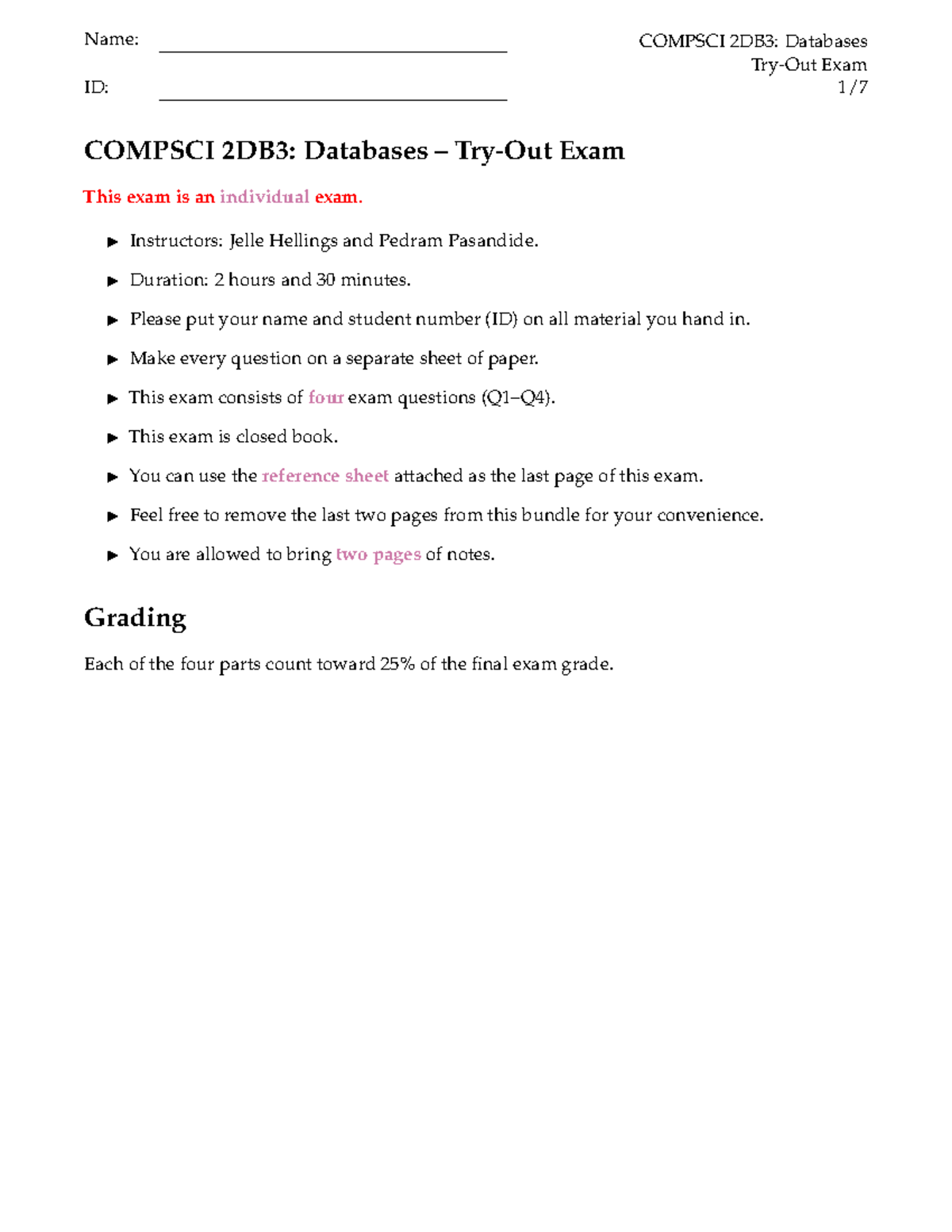 COMPSCI 2DB3: Databases Final Exam Review and Practice Questions - Studocu