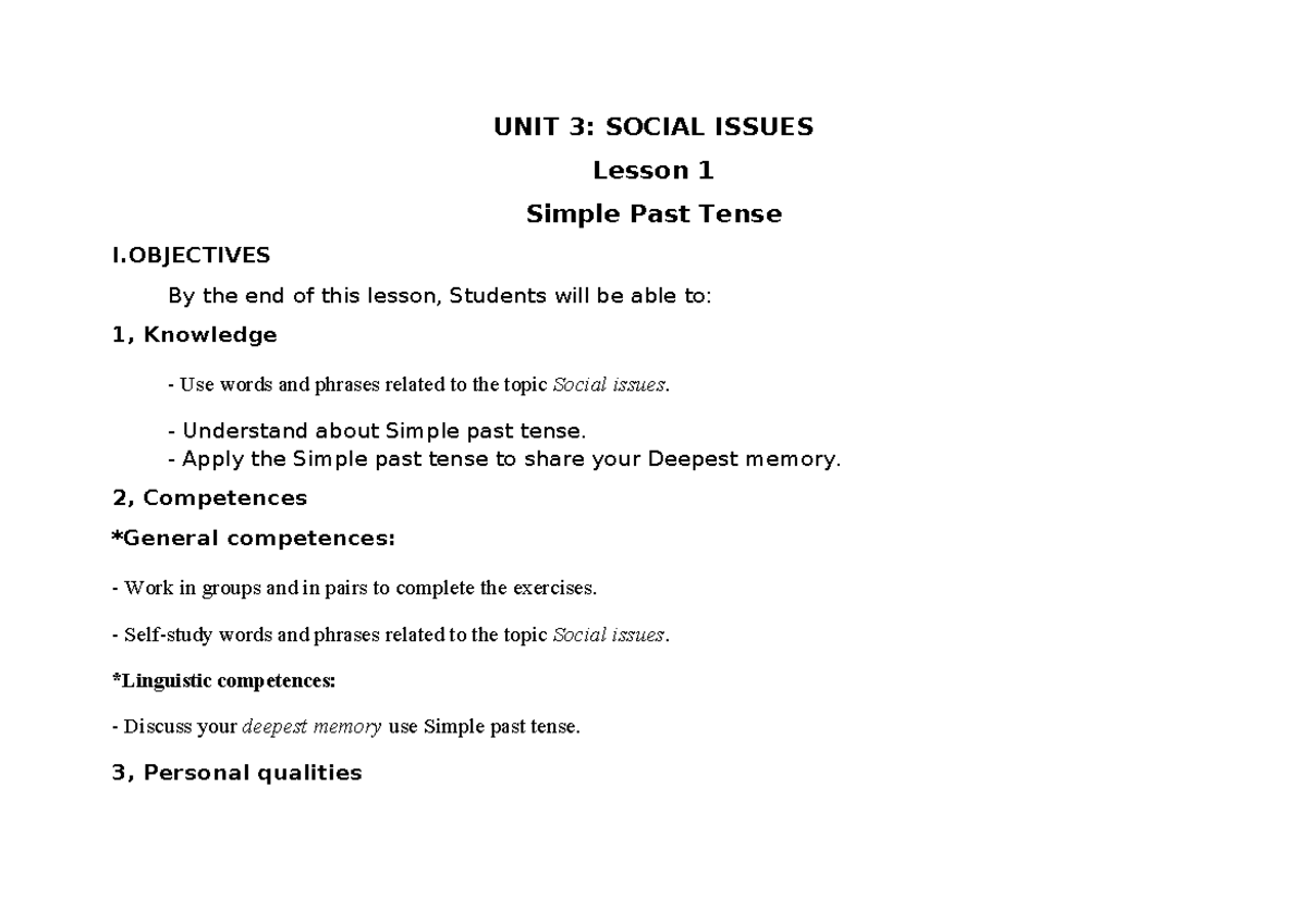 UNIT 3: SOCIAL ISSUES Lesson 1 - Simple Past Tense Techniques - Studocu