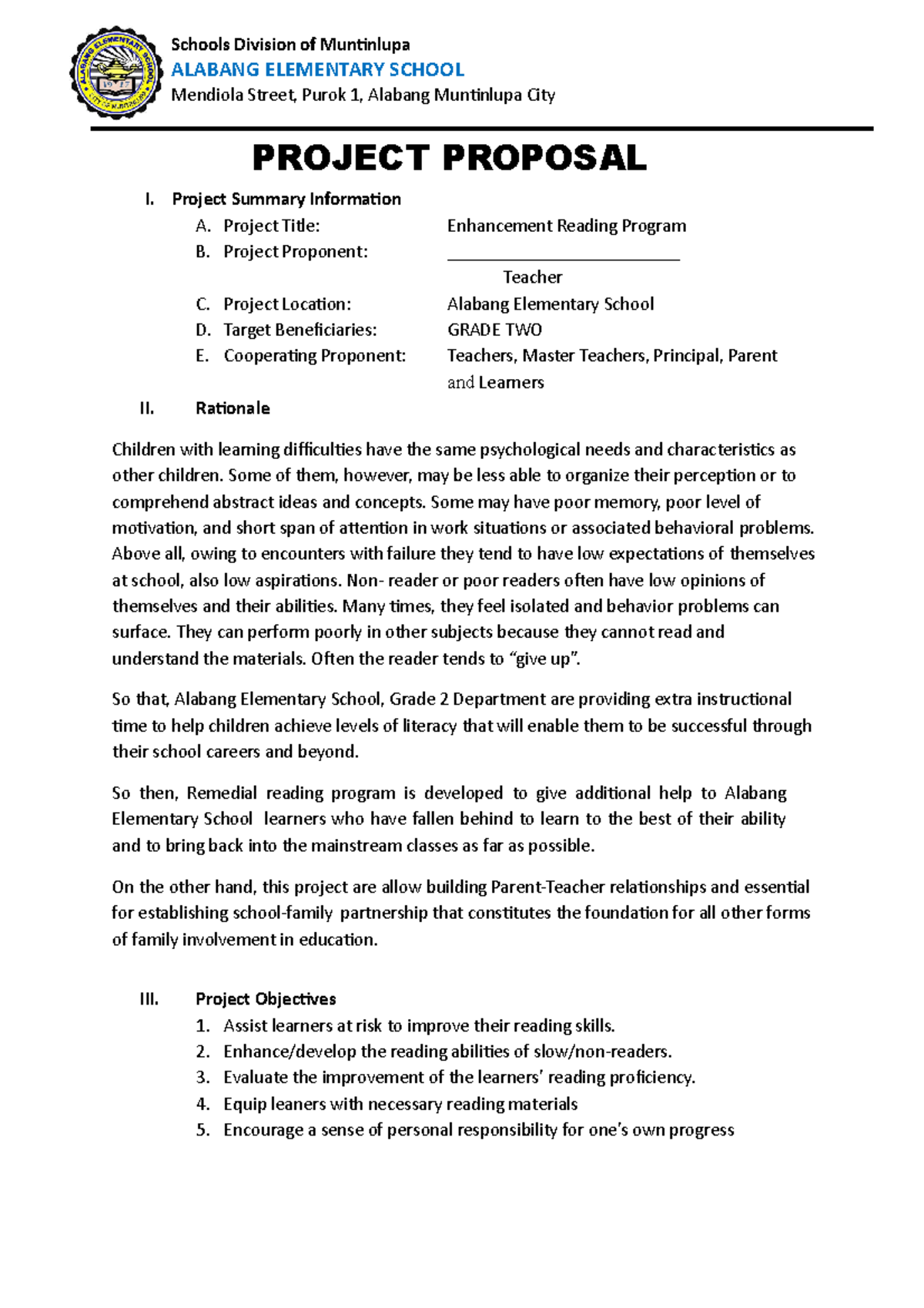 Enhancement Reading Program Proposal & Workplan for Grade 2 Students - Studocu