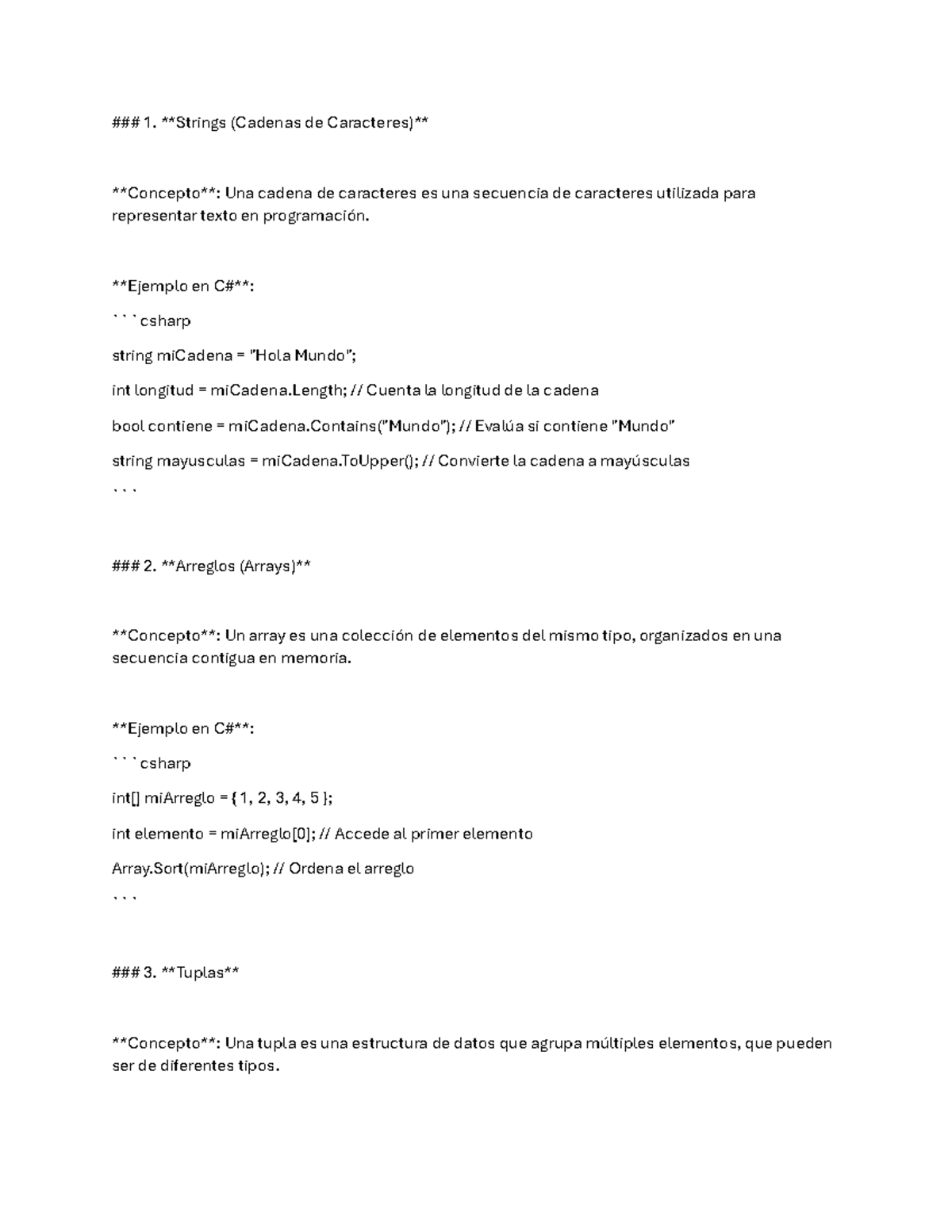Resumen progra c# - 1. Strings (Cadenas de Caracteres) Concepto: Una ...