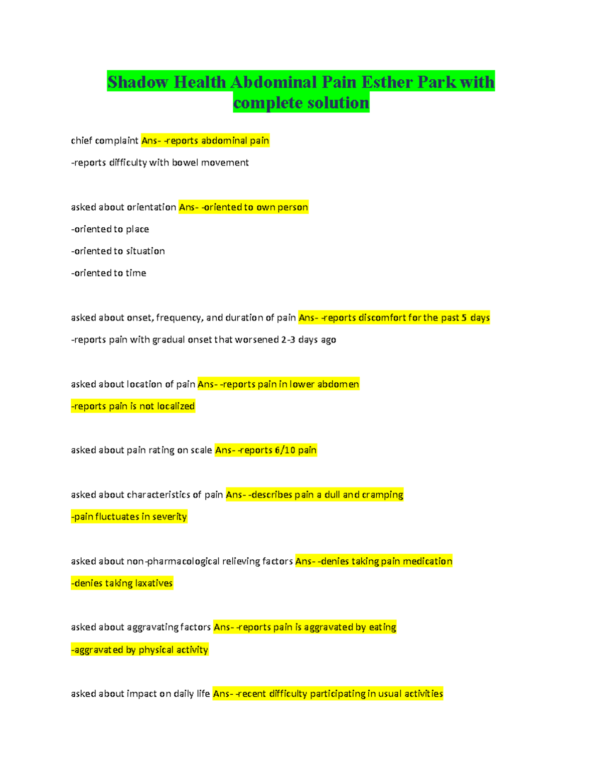 Shadow Health Abdominal Pain Case Study: Esther Park Solution Guide ...
