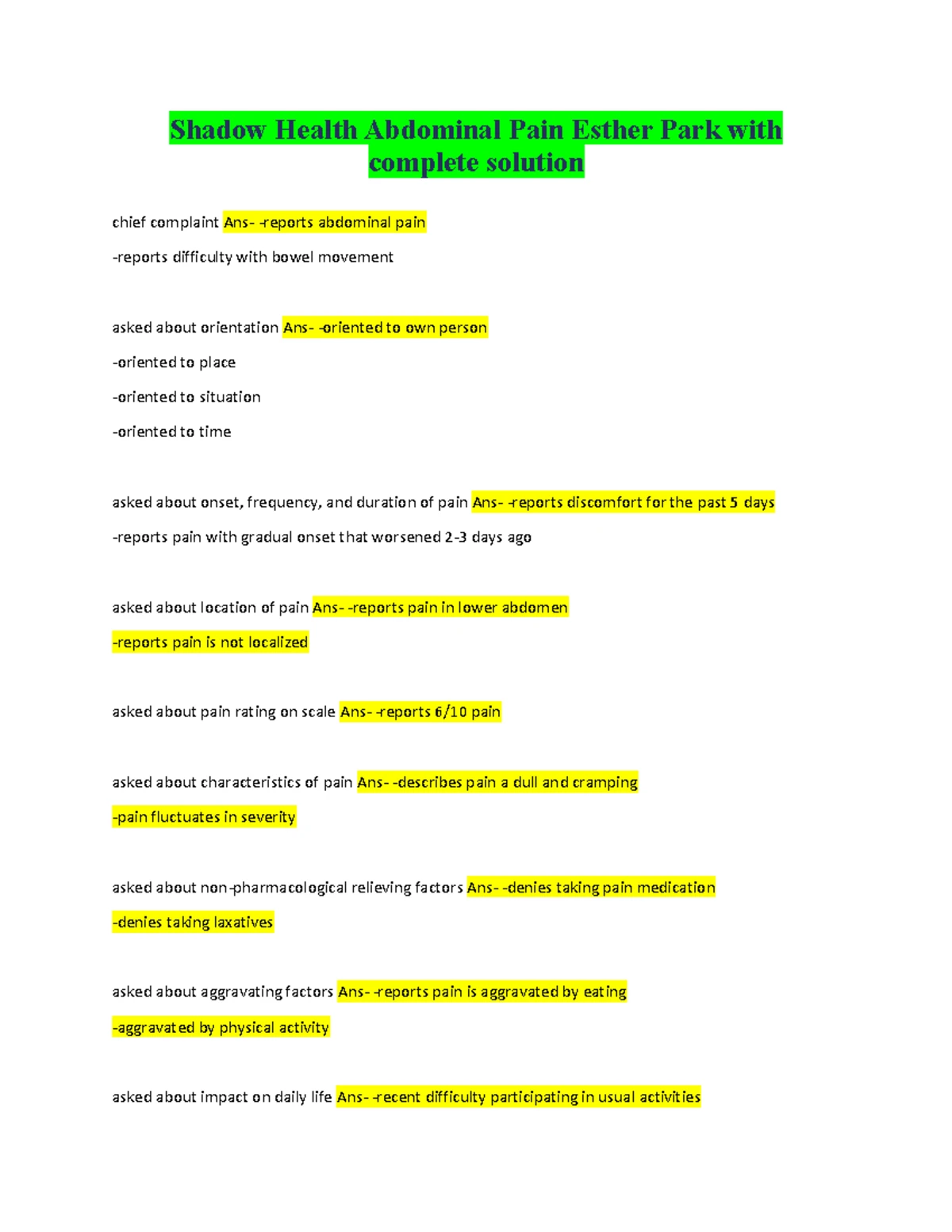 Shadow Health - Patricia Young - Infection - Subjective Flashcards ...