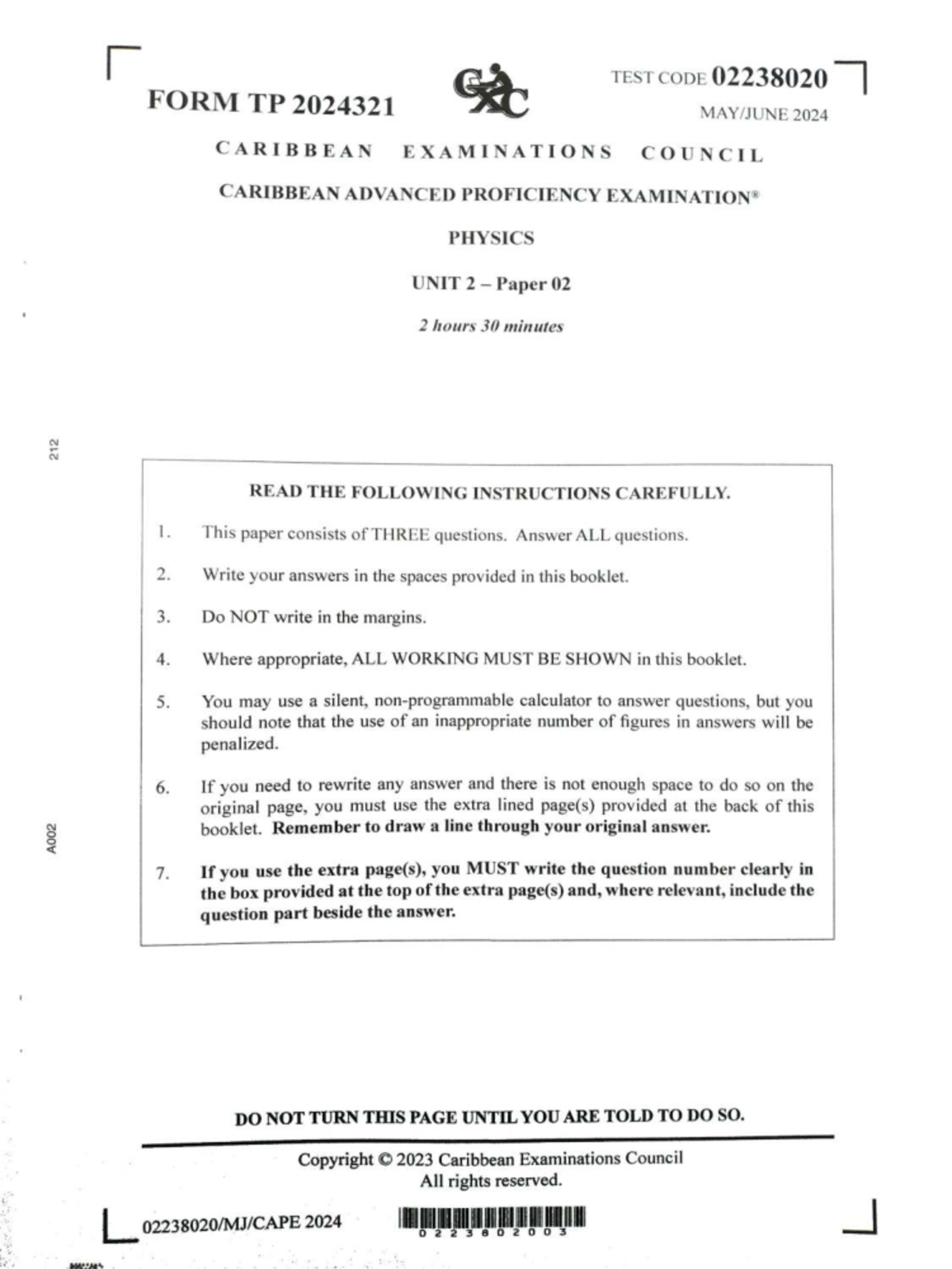 Physics Unit 2 Paper 02 May/June 2024 Exam - G FORM TP 2024321 - Studocu