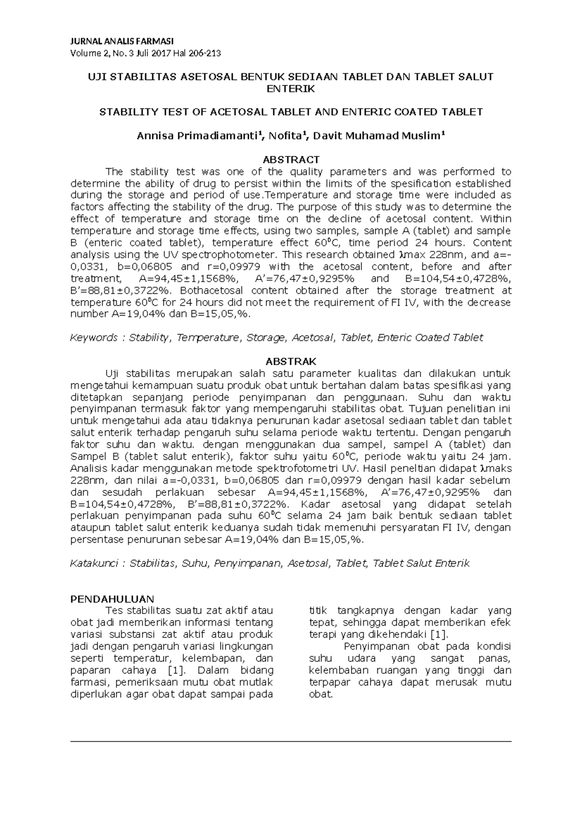 UJI STABILITAS ASETOSAL: Tablet dan Tablet Salut Enterik (JAF 2.3 ...