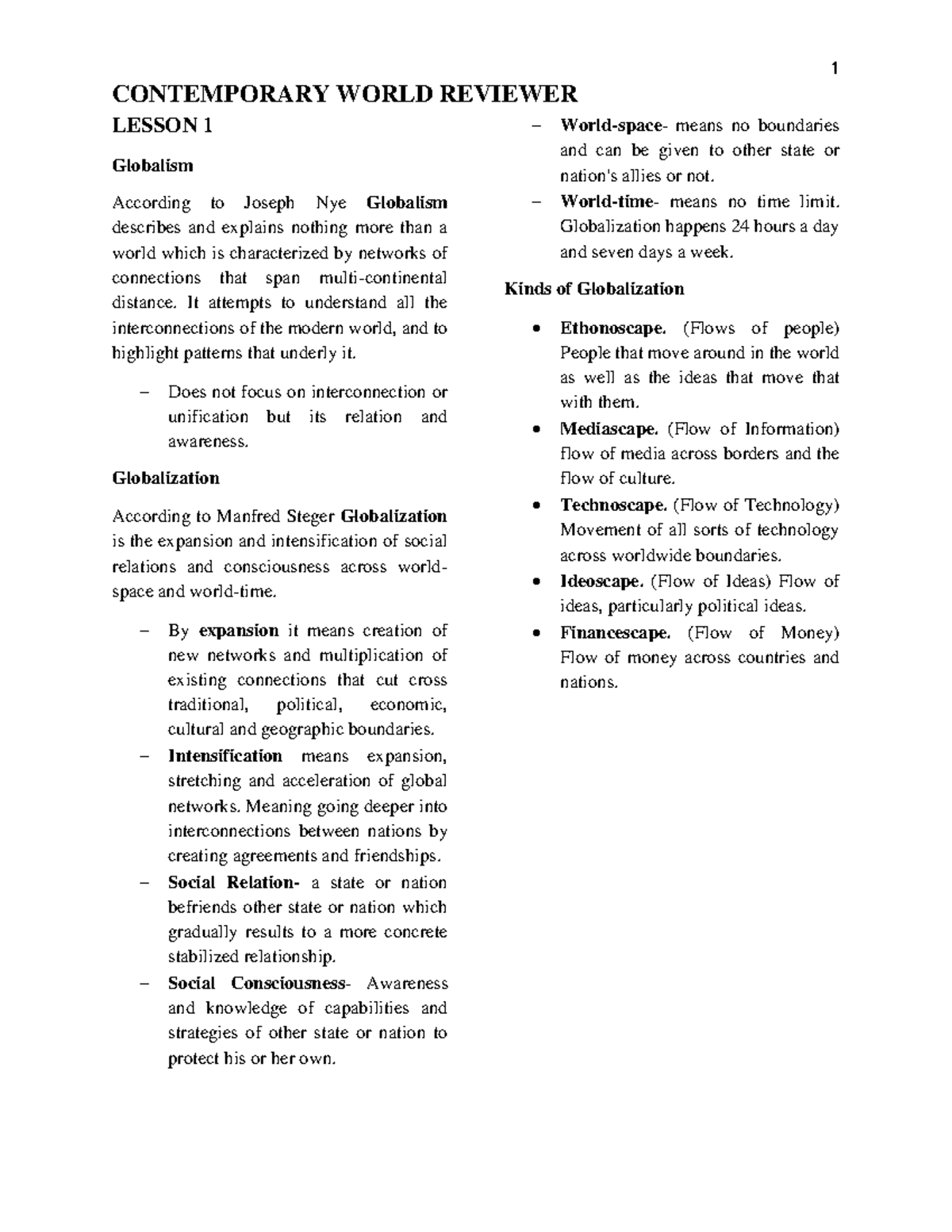 1 CONTEMPORARY WORLD REVIEWER LESSON 1: Understanding Globalism - Studocu