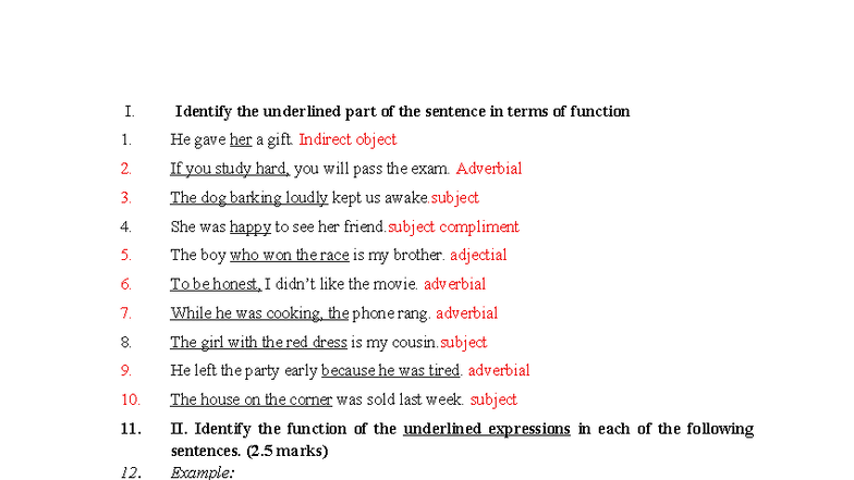 ENG101: Identifying Functions of Underlined Sentence Parts - Studocu