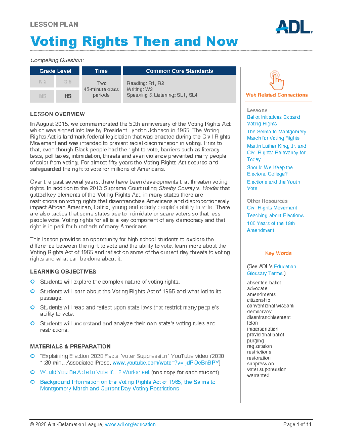 LESSON PLAN: Voting Rights Then and Now - MS/HS Overview and Objectives ...