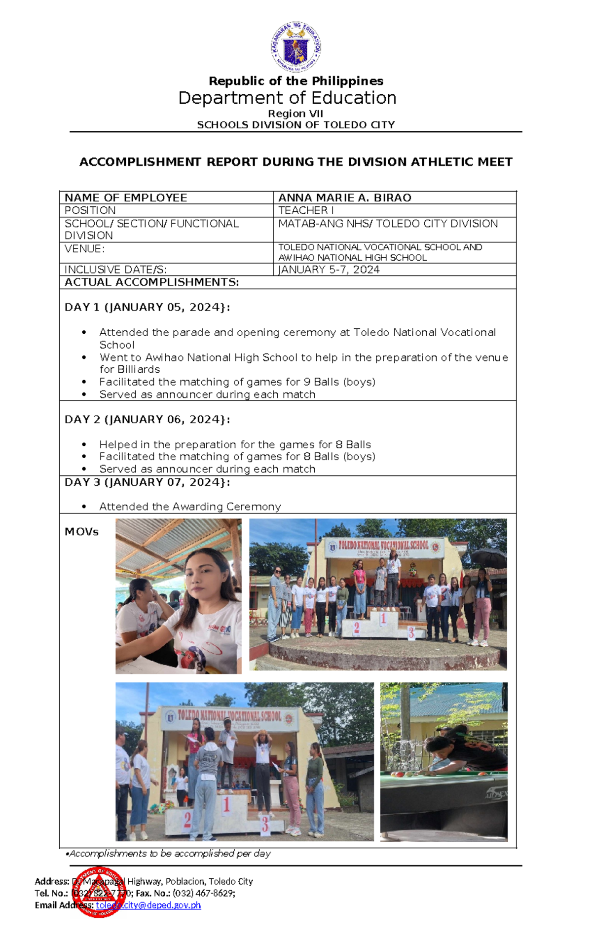 Accomplishment Report: Cluster Meet Birao - Division Athletic Meet 2024 ...