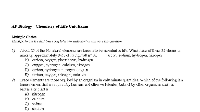 AP Biology (191673853) Basic Chemistry Unit Exam Questions - Studocu