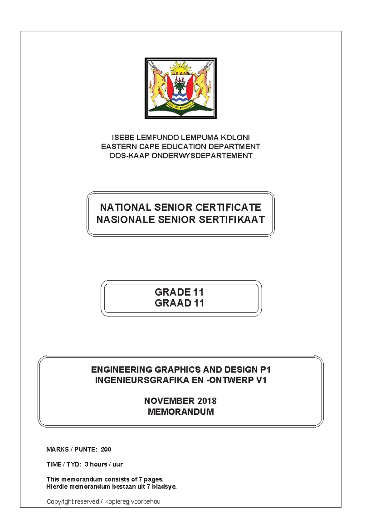 EGD P1 November 2018 Memo - Engineering Graphics & Design - Studocu