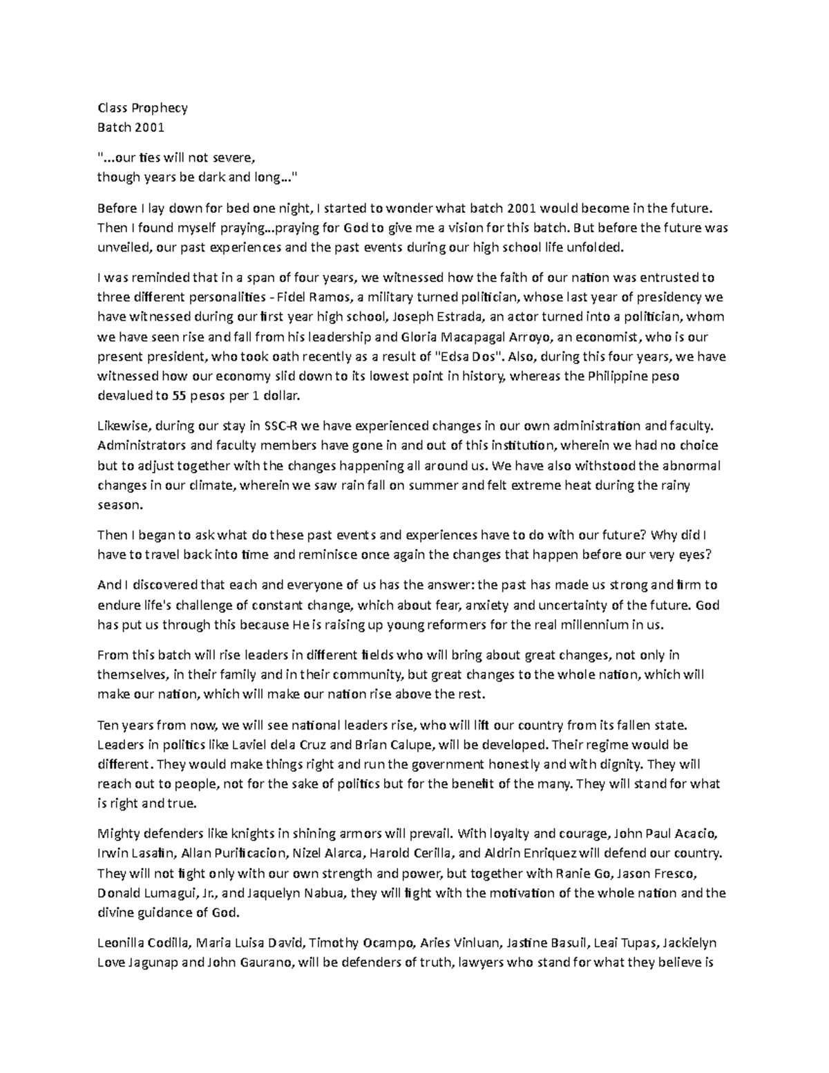 Class Prophecy - Future Aspirations of Batch 2001 in JS PROM - Studocu